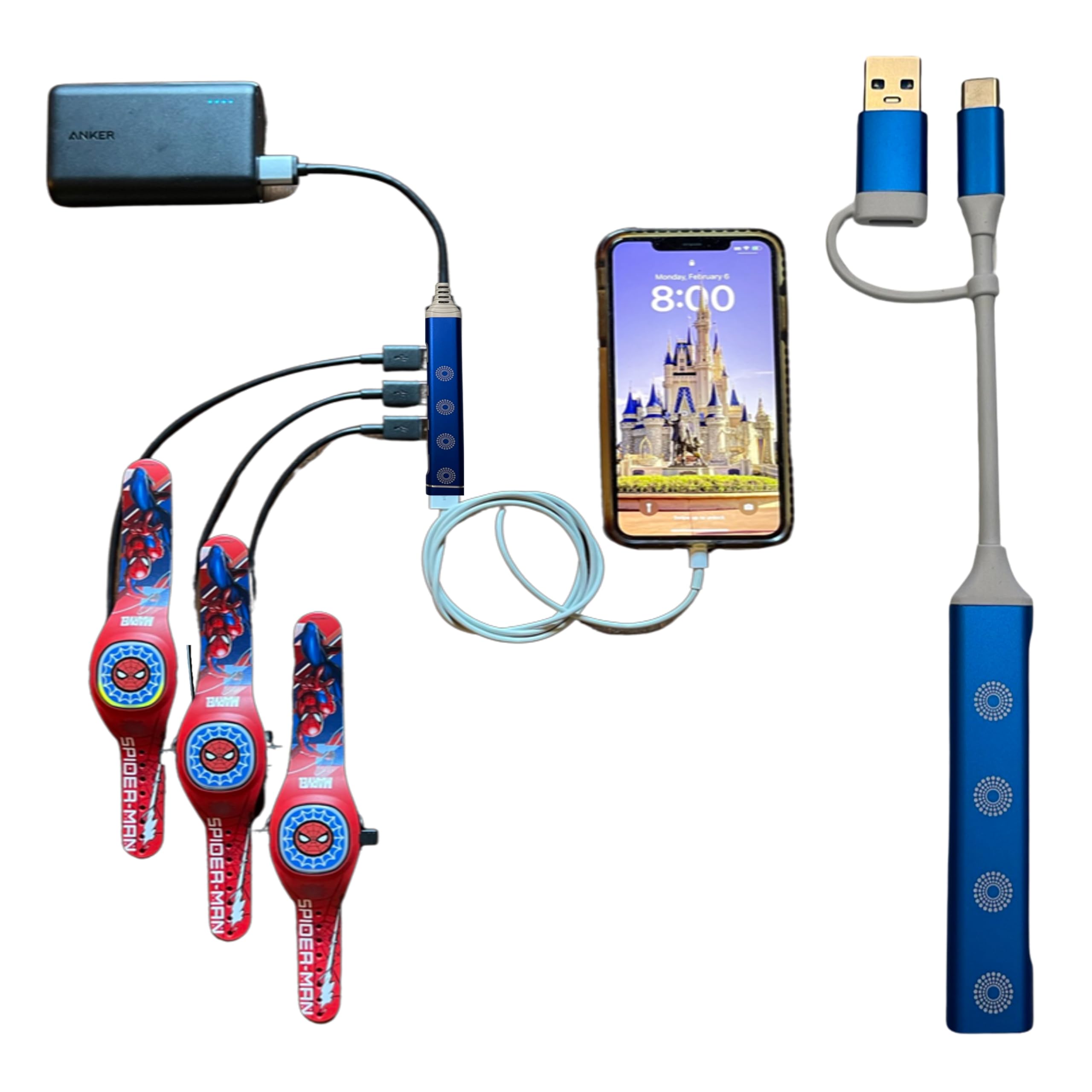 Kaizen Kreations MultiCharger for MagicBand+, MagicBand +, Magic Band Compatible with FuelRod & Other External Battery. Disneyland Accessories for Trip to Disney World Cruise (USB-A & USB-C, 1-Pack)