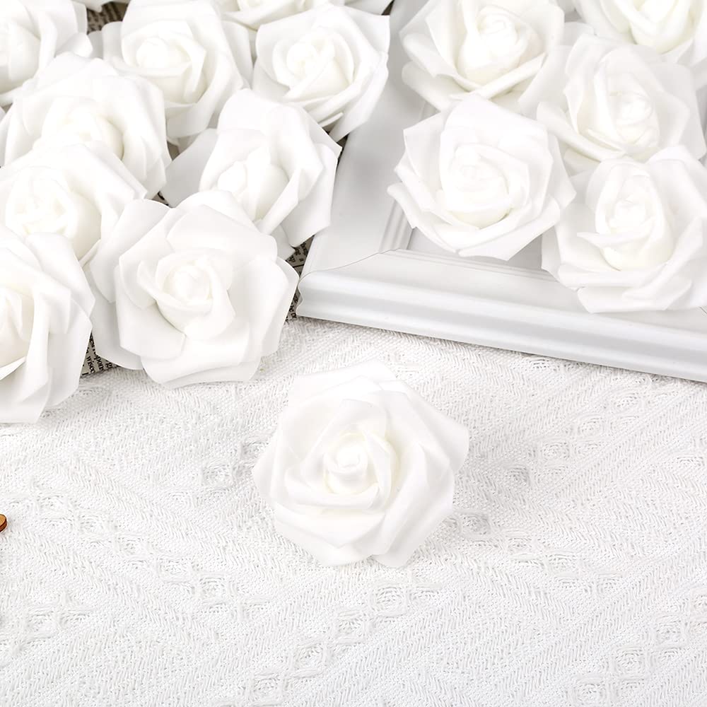 INSUNSIX Artificial Rose Flower Heads, 100pcs White Roses Artificial Flower Foam Rose for DIY Wedding Bouquets Centerpieces Arrangements Party Baby Shower Home Decor (Stemless,White)
