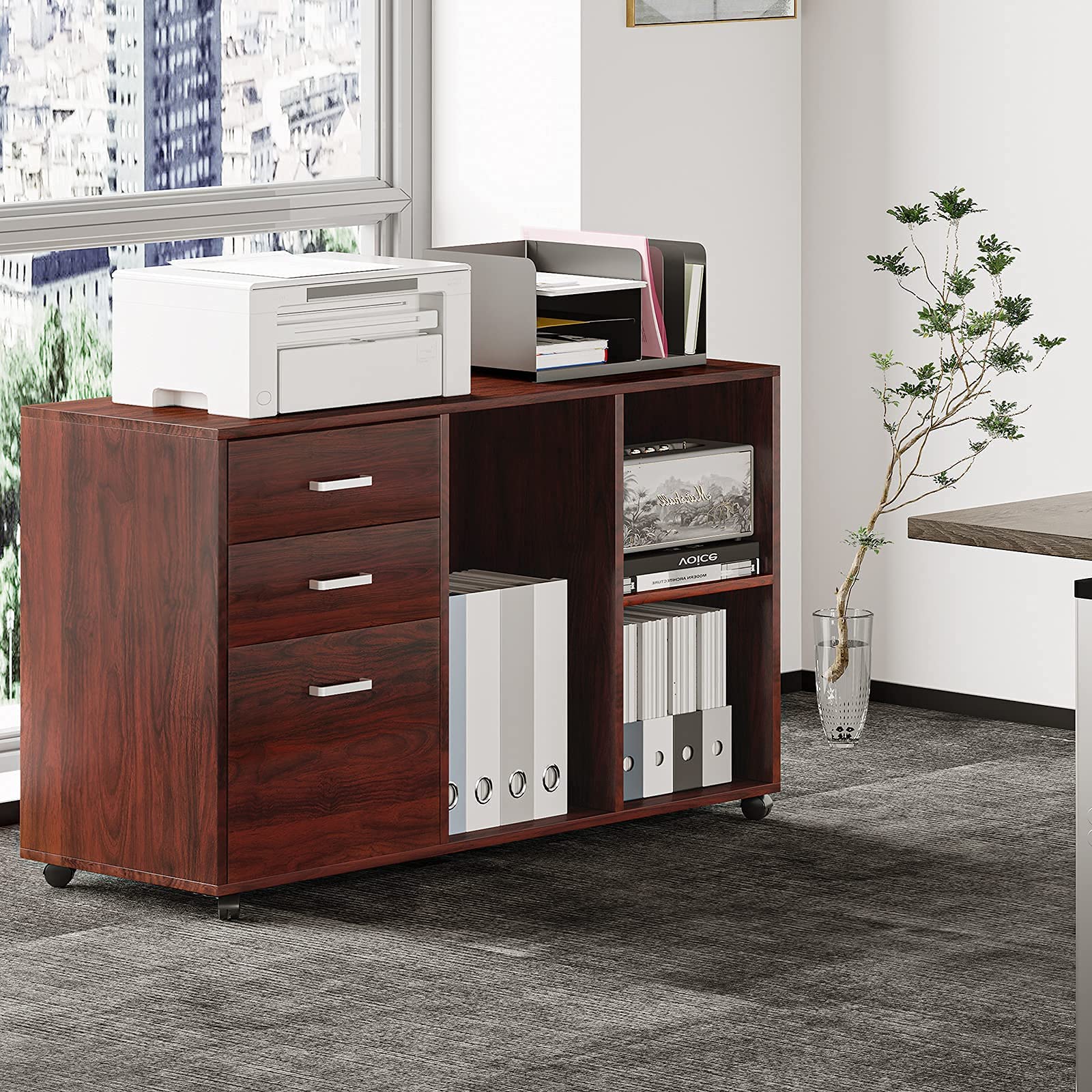 Itaar 39" Wood File Cabinets for Home Office 3 Drawers, Office Printer Stand with Storage, Rolling Lateral Filing Cabinet on Wheels, Cherry Red