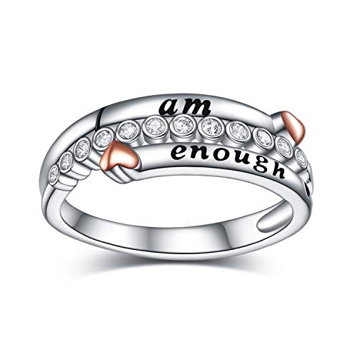 HUKKUN I am Enough Ring Sterling Silver Heart Adjustable Ring Inspirational Band Jewelry Gifts for Women (9)