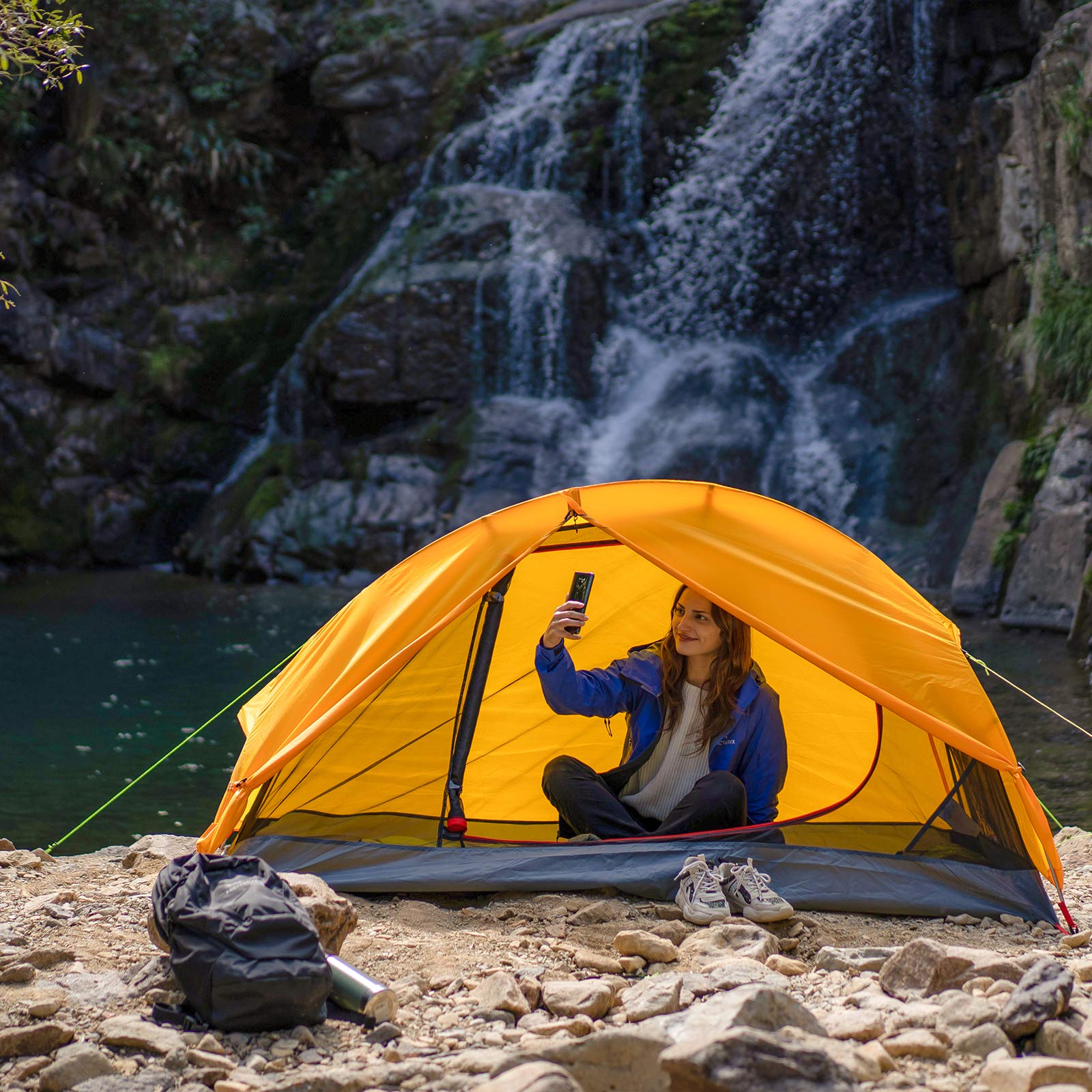 KAZOO Waterproof Backpacking Tent Ultralight 1 Person Lightweight Camping Tents 1 People Hiking Tents Aluminum Frame Double Layer (Eco-Friendly Fabric) (Bright Yellow)