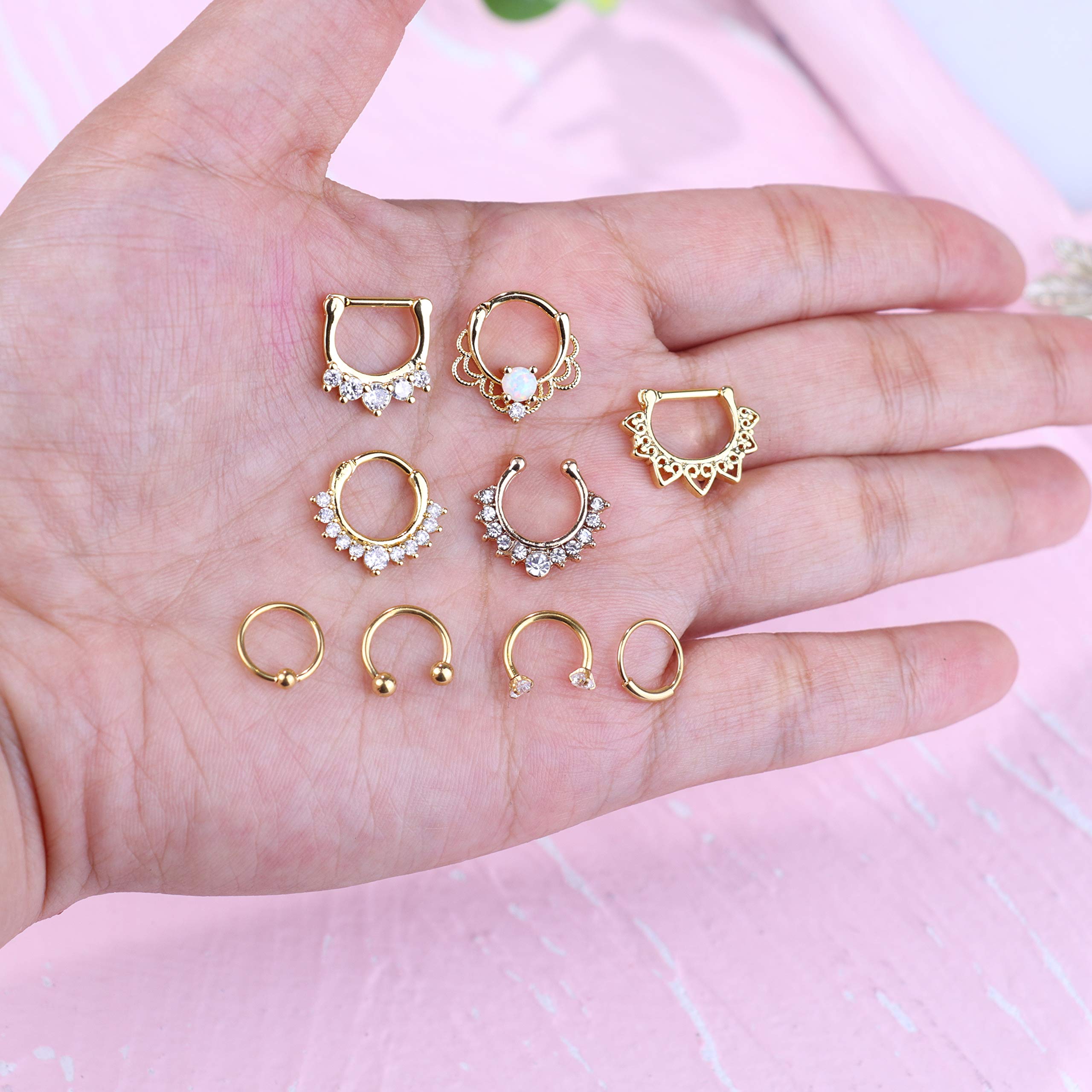 JOERICA 9 Pcs Stainless Steel Septum Hoop Nose Rings Cartilage Daith Earrings Clicker CZ Body Piercing Jewelry