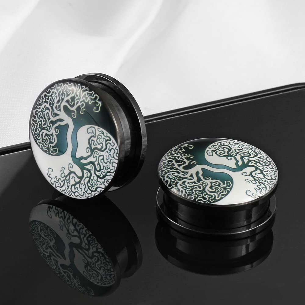 LADEMAYH 2 PCS Tree Pattern Ear Plugs Tunnels Gauges for Women - Black Stainless Steel 316L Body Piercing Basic Earrings for Stretched Earlobe 12mm=1/2"