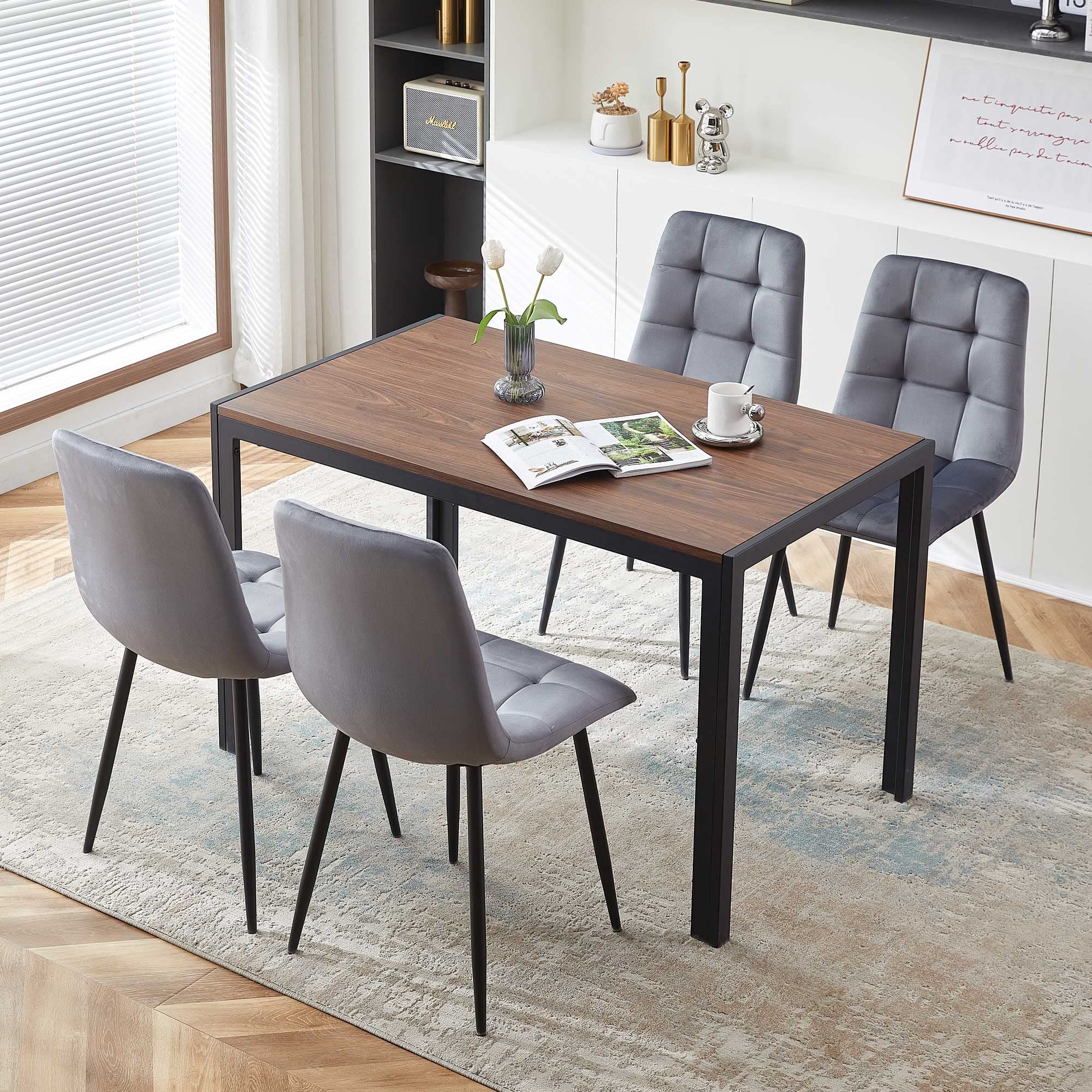 Homedot Modern Dining Room Set for 4, 5 Pieces Dining Table Set, Solid Walnut Table Imitation Wood with Sturdy Metal Frame&Legs, Comfy Velvet Dining Chair Armless for Space Saving, Stylish Dinette Set