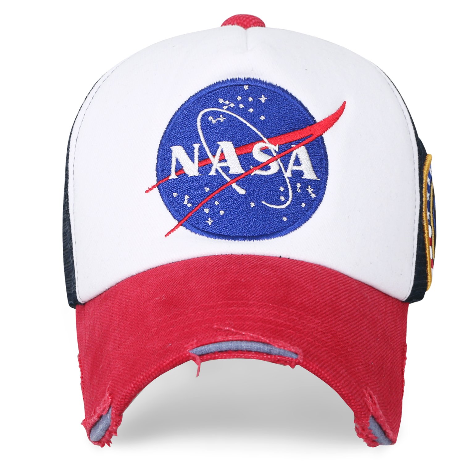 ililily NASA Meatball Logo Embroidery Baseball Cap Apollo 1 Patch Trucker Hat, Red & White