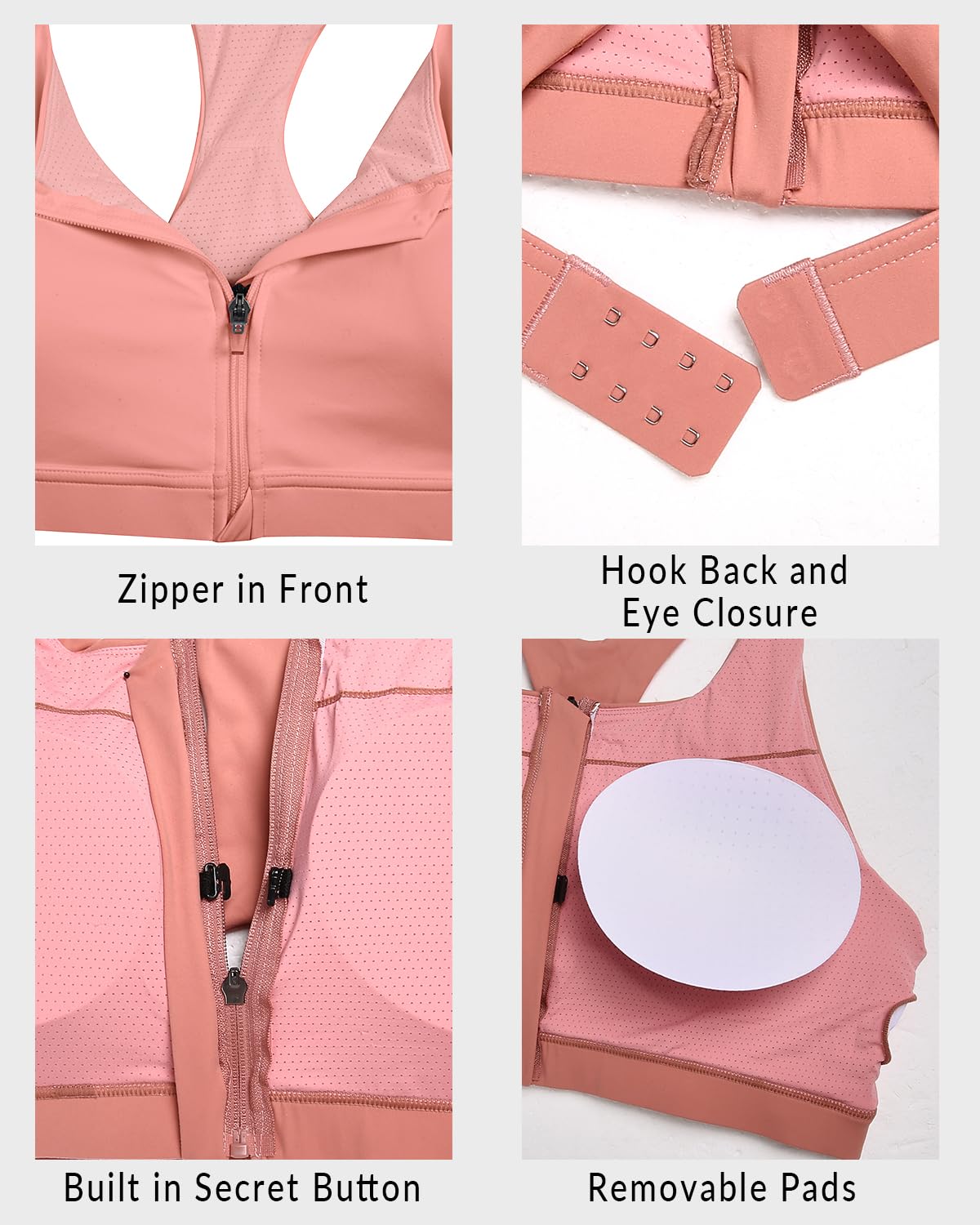 MARINAVIDA Plus Size Zipper Front Sports Bra High Impact Racerback Bras for Women Pink Padded Workout Crop Tops 2X/3X/4X/5X