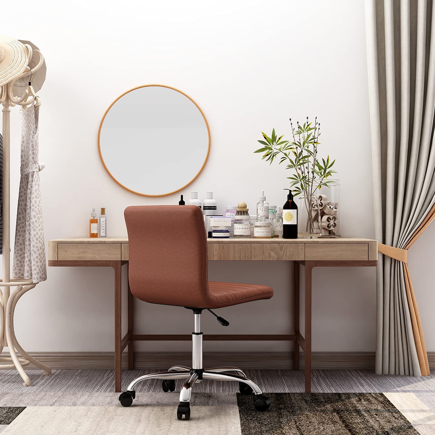 HOMEFLA PU Leather Office Armless-Computer Swivel Rolling Task Home Low Back Makeup Ribbed Desk Chair with Wheels for Bedroom Conference Reception Room (Brown, Retro)