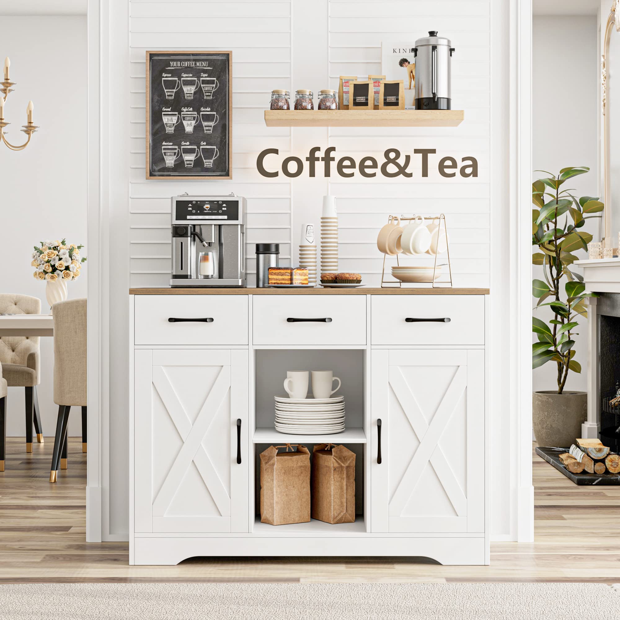HOSTACK Modern Farmhouse Buffet Cabinet with Storage, Barn Doors Sideboard Buffet Storage Cabinet with Drawers and Shelves, Wood Coffee Bar Cabinet for Kitchen, Dining Room, Living Room, White