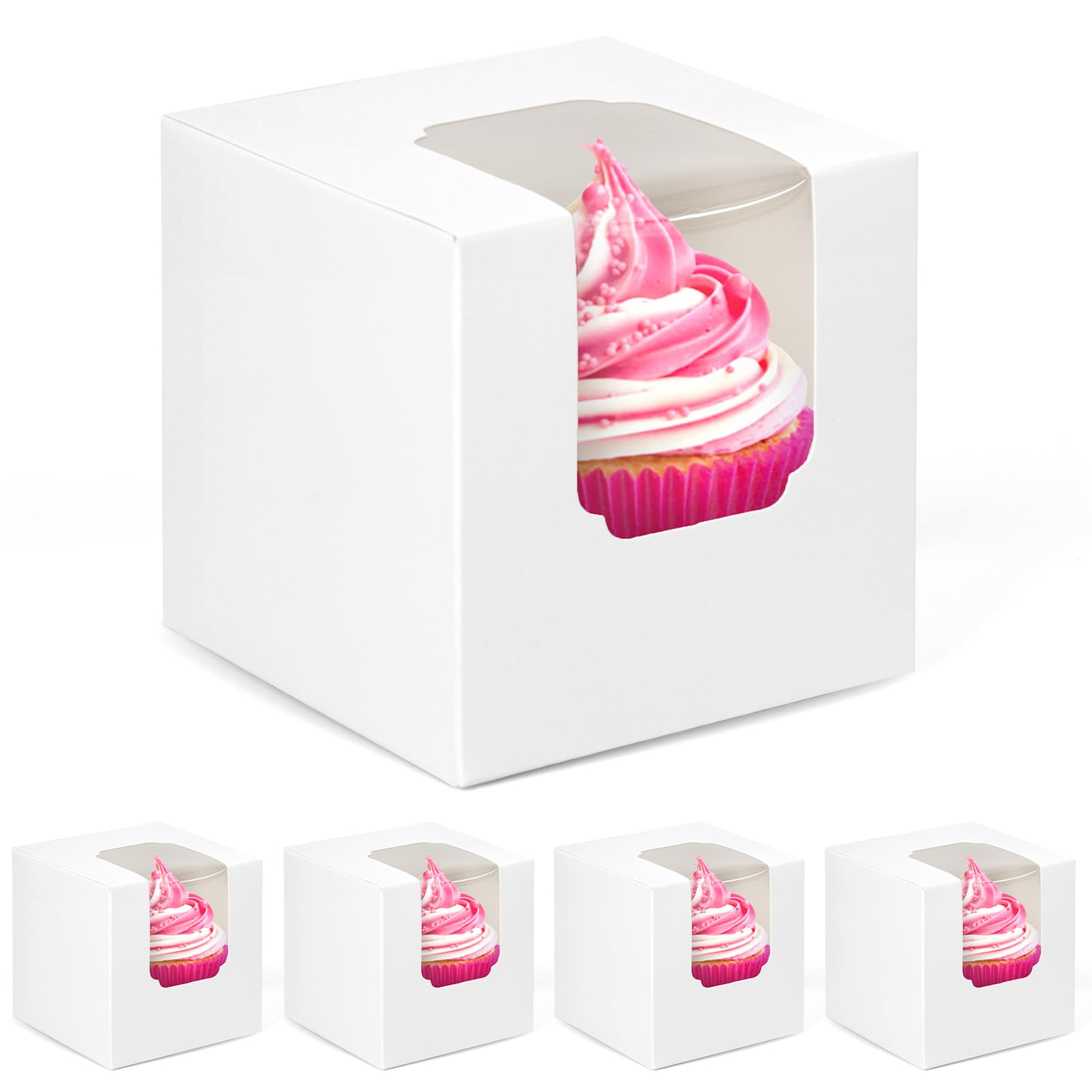 TOXOY 20PCS White Cupcake Containers, 3.5"x3.5"x3.5" Pastry Boxes Cookies Boxes with Window and Inserts for Birthday Party Baby Shower