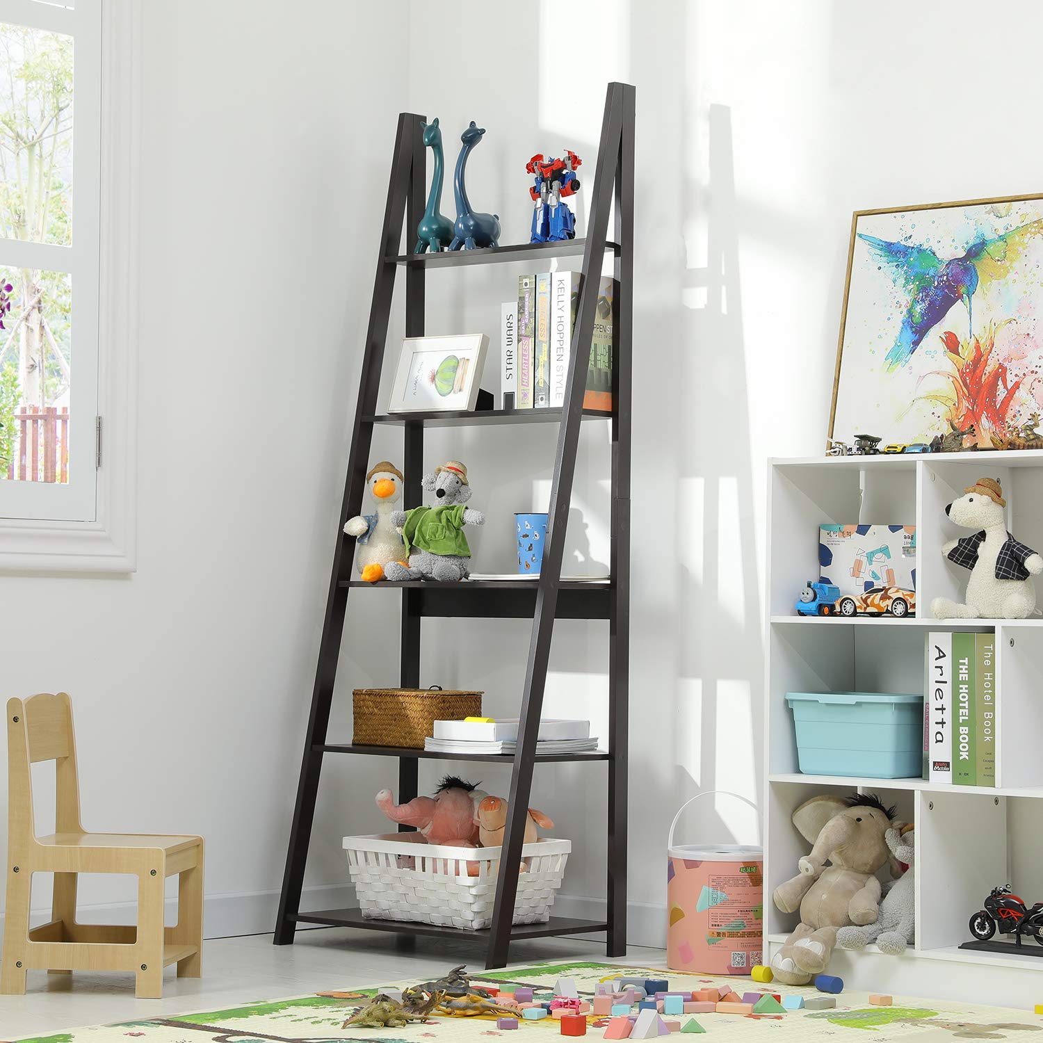 Kicode 5-Tier Ladder Shelf Bookcase, Leaning Bookshelf, Wooden Frame Decor Modern Bookshelf Storage, Flower Shelf Plant Display Shelf for Home Office