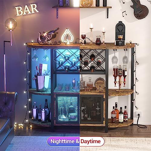 Unikito Freestanding Wine Bar Cabinet with LED Lights and Power Outlets, Industrial Coffee for Liquor Glasses, Mesh Door, Table Rack, Rustic Brown