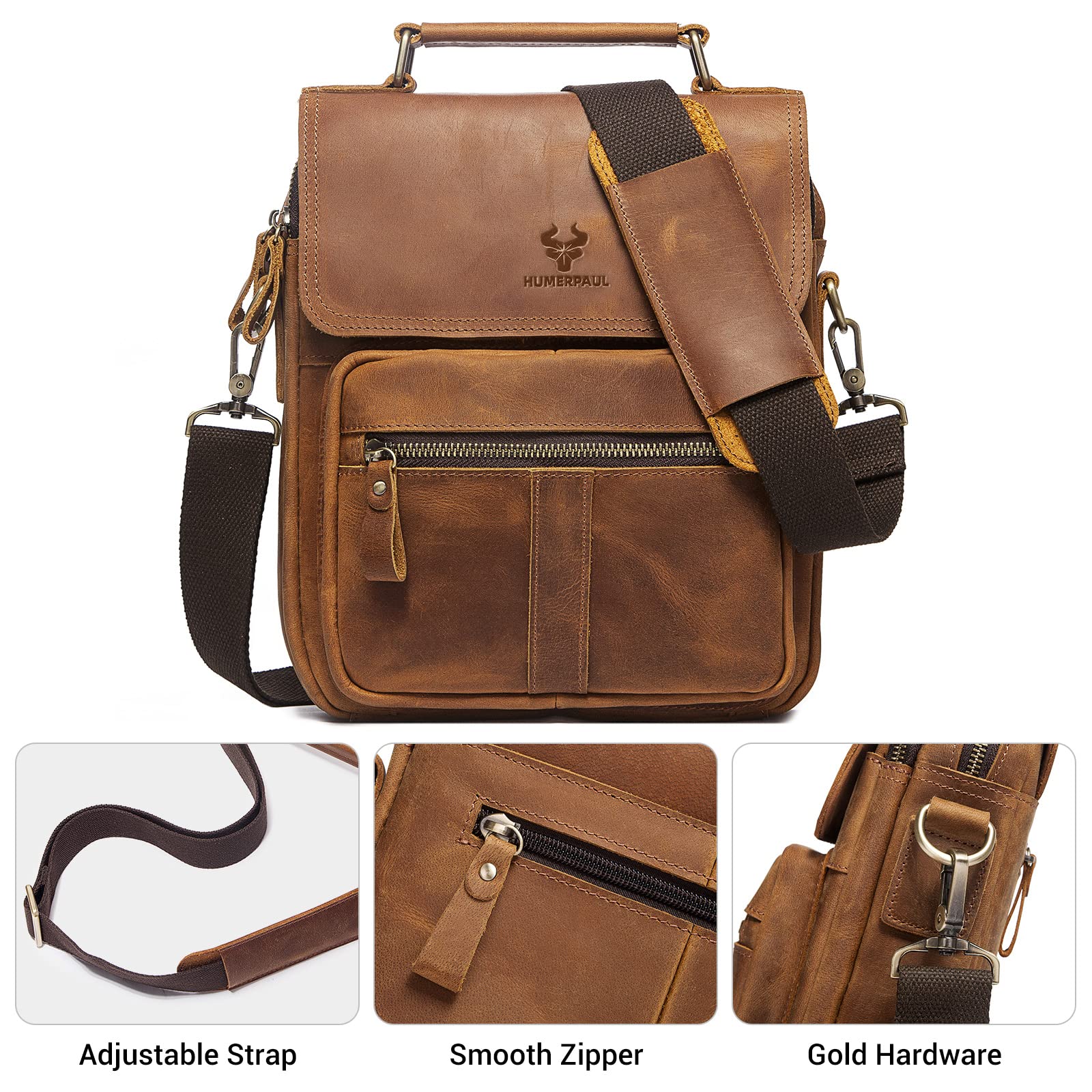 HUMERPAUL Genuine Leather Crossbody Sling Bag Messenger Man Purse Handbags for Mens Zipper Shoulder Bag for Work Business (Brown)