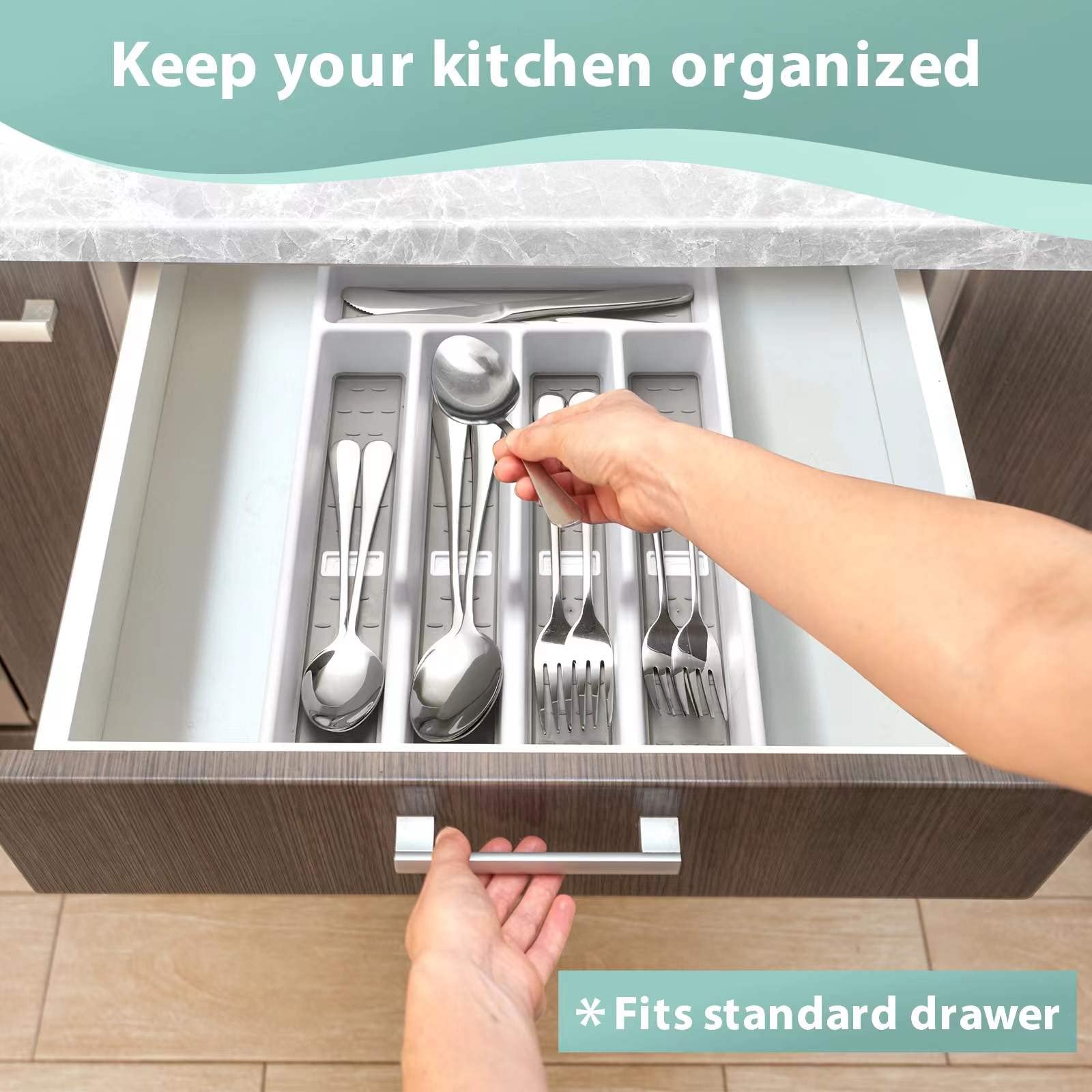Joequality Silverware Organizer with Icons,Plastic Cutlery silverware Tray for Drawer,Utensil Flatware Tableware Organizer for Kitchen with Non-slip TPR,Fits Standard Drawer,5-Compartment,Grey