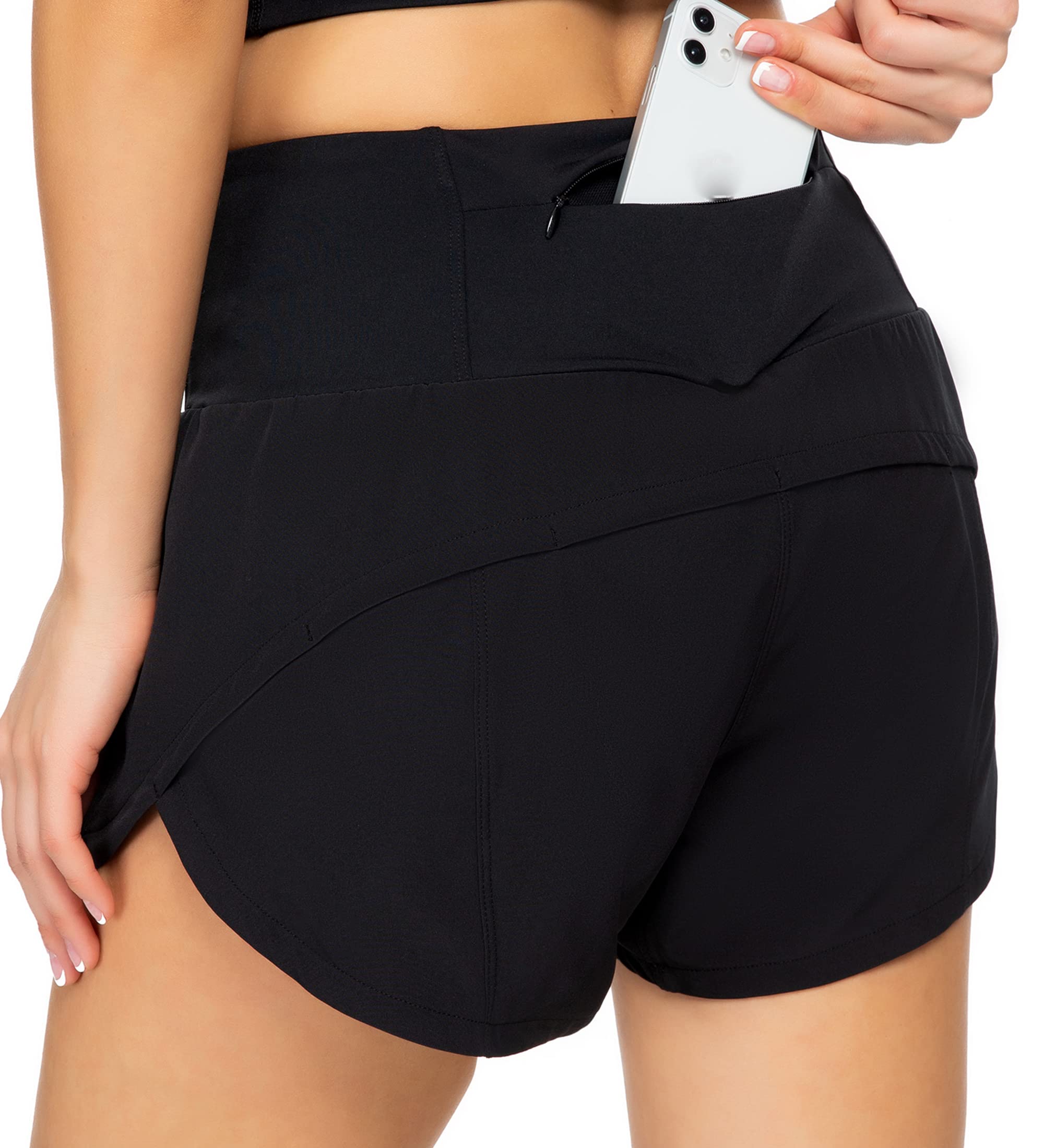 Kcutteyg Running Shorts for Women with Liner High Waisted Lightweight Womens Workout Shorts with Back Pocket- 4" (Black, L)