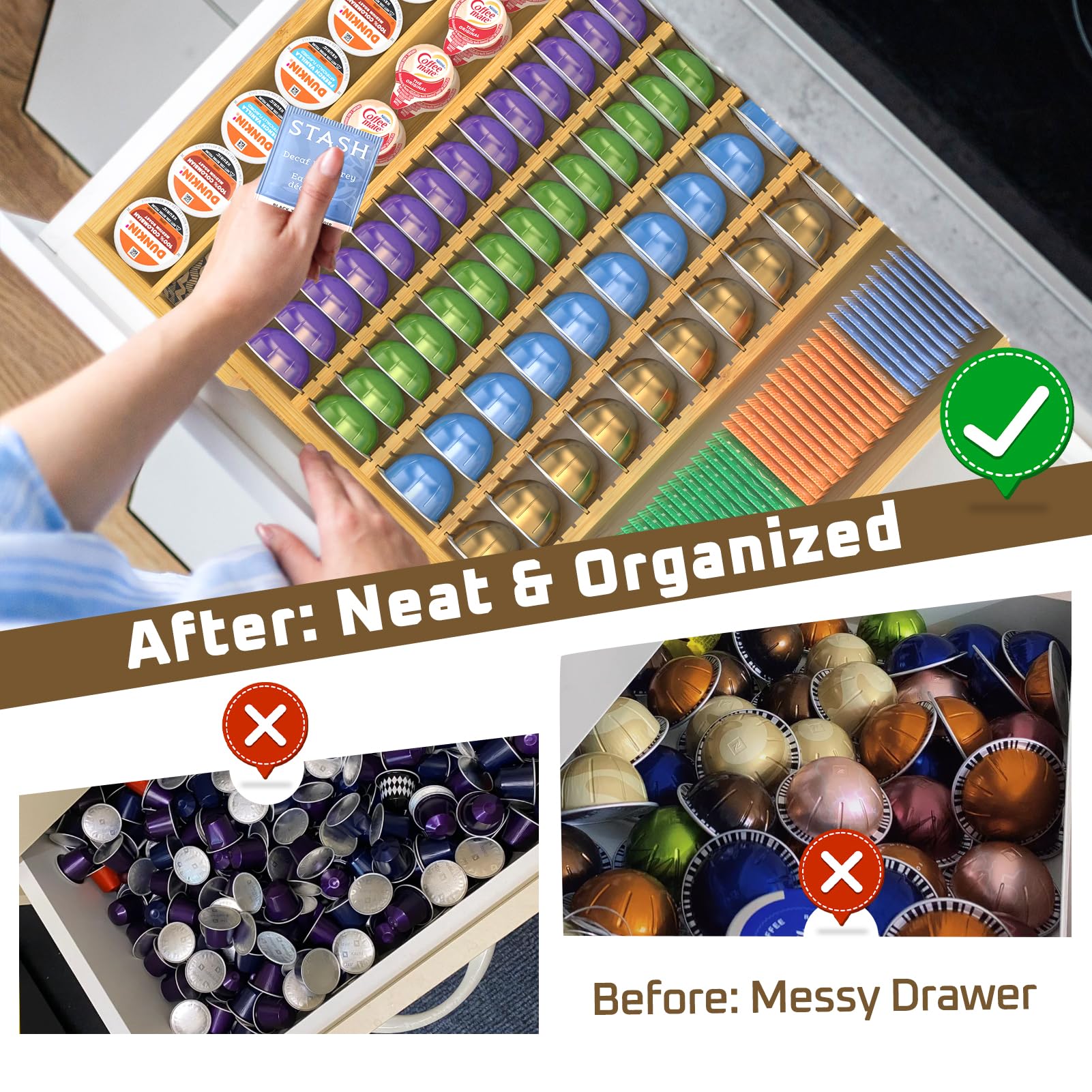 KMOTASUO Bamboo Coffee Pod Storage Holder Drawer Insert, Expandable Coffee Pods Organizer for Counter, Compatible with Vertuo Vertuoline Capsules for Kitchen Coffee Station (Expandable)