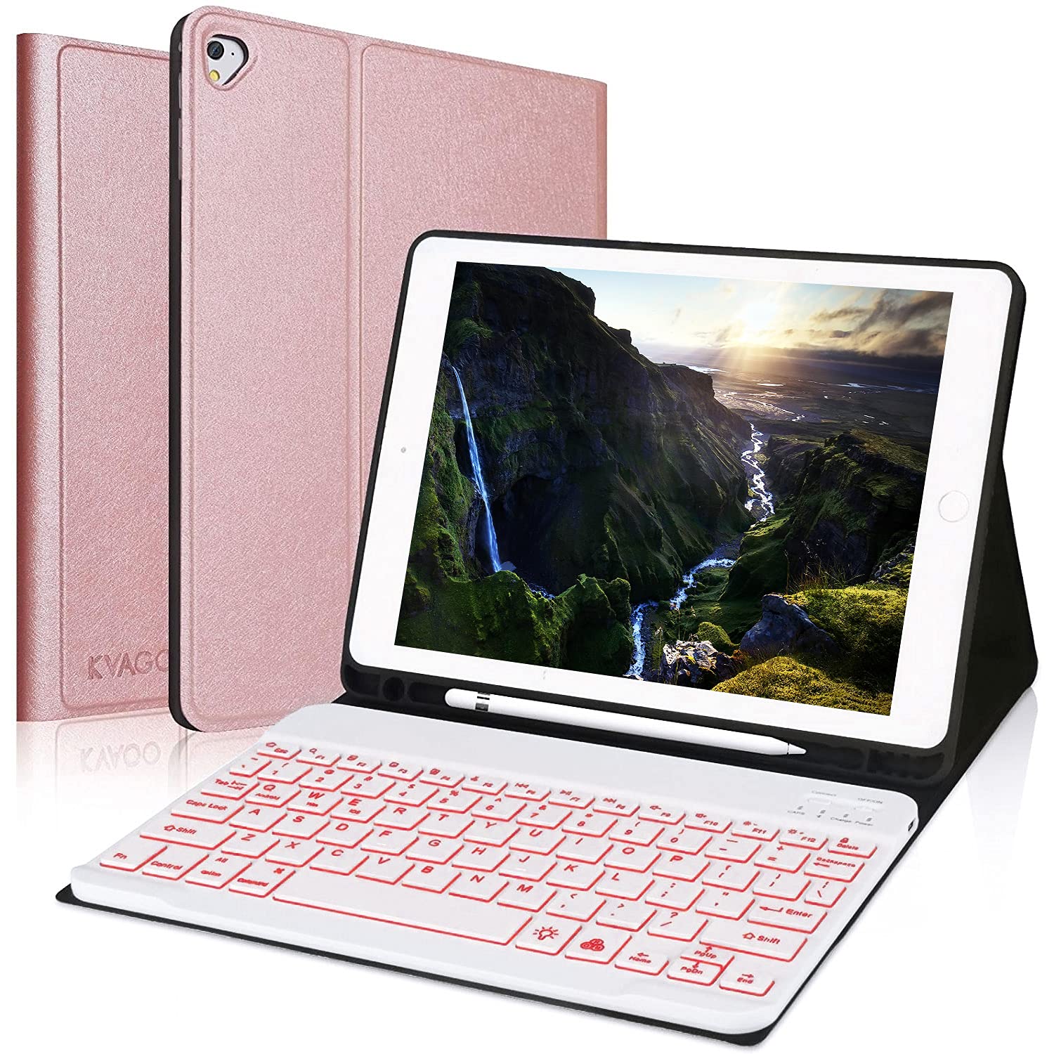 KVAGO for iPad 6th Generation Case with Keyboard, Compatible with iPad 6th Gen, iPad 5th Gen, iPad Pro 9.7 inch, iPad Air 2, iPad Air, Folio Cover with Wireless Bluetooth Keyboard - Rose Gold