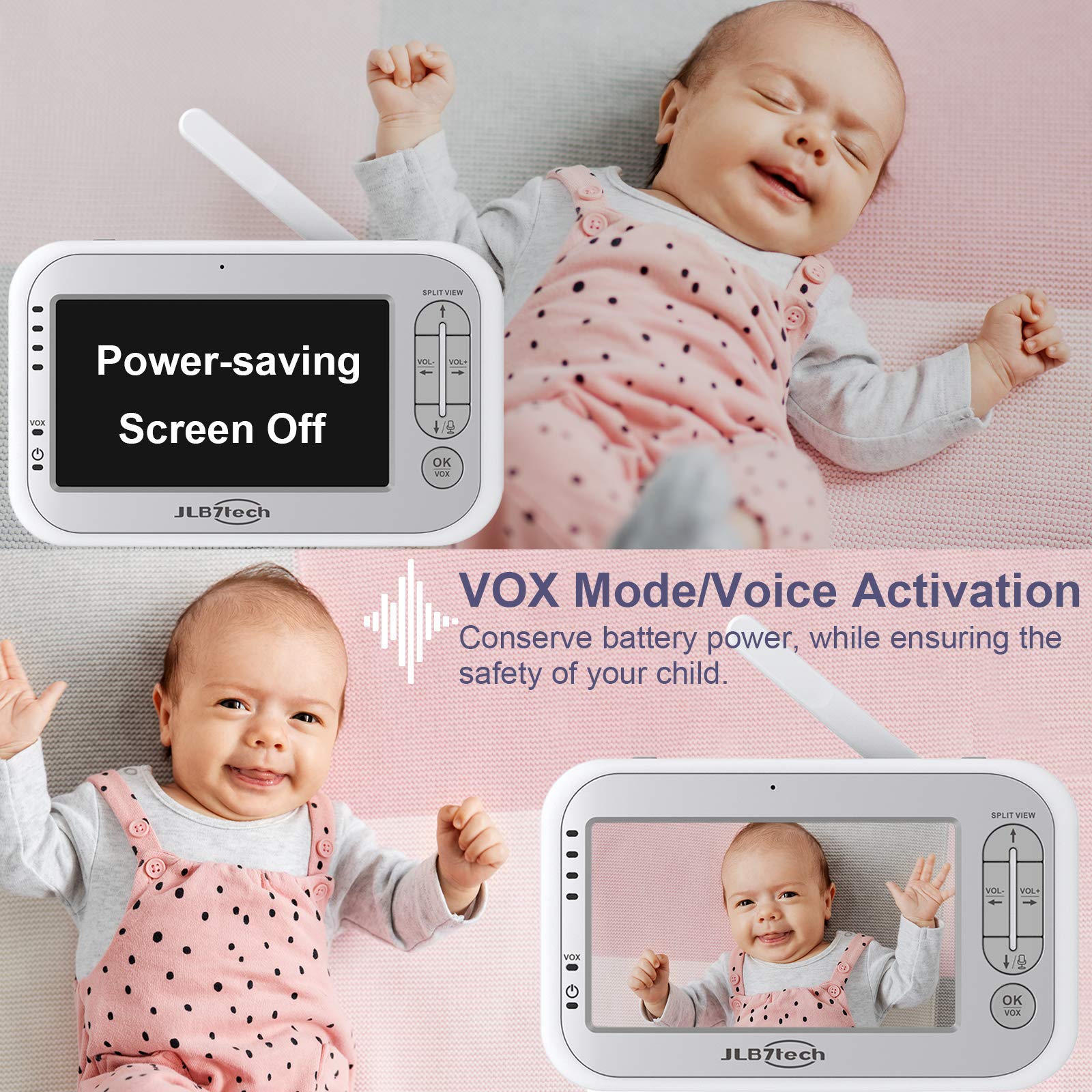 JLB7tech Baby Monitor,5" Split Screen Video Baby Monitor 1 Camera and Audio,Night Vision,Two-Way Talk,Long Range,FeedingTime,Lullabies,Temperature Detection,Power Saving/Vox,Zoom in