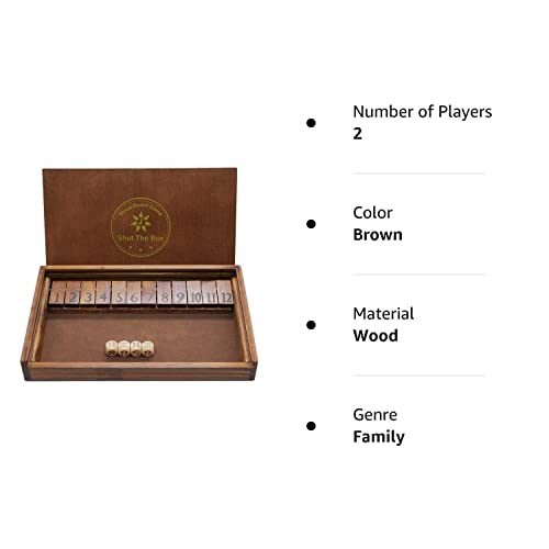 Juegoal Shut The Box Wooden Board Dice Game with 12 Numbers and Lid for Kids Adults Families, 2 Players and Up