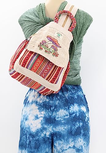 Unique design Mushroom Embroidery Himalaya Hemp Hippie Backpack Festival Backpack FAIR TRADE Handmade with Love. (NATURAL HEMP)