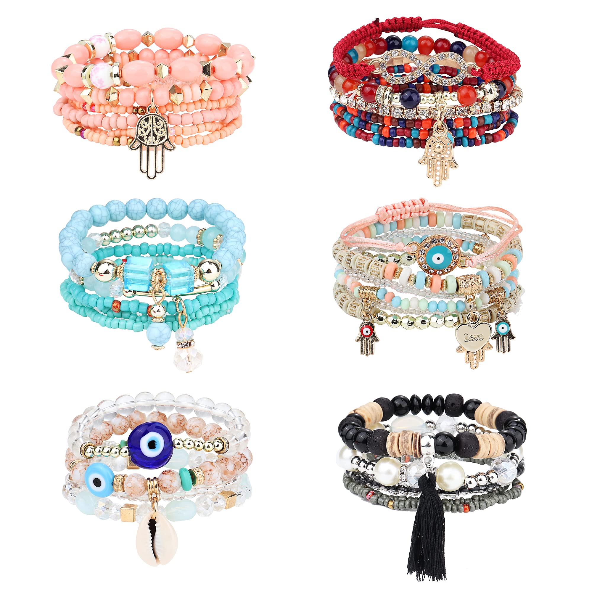 IRONBOX 6 Sets Bohemian Stackable Bead Bracelets for Women Multicolor Stretch Bead Bracelets Multilayer Boho Bracelet Set