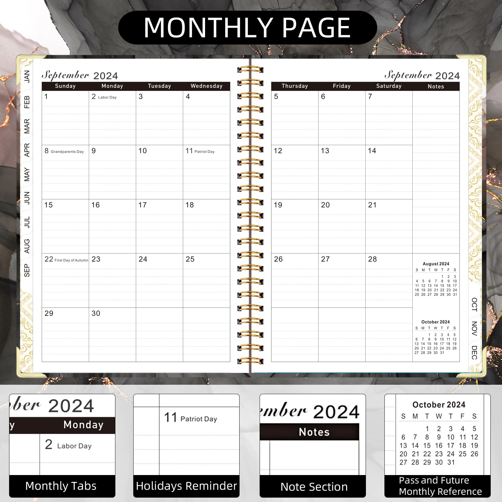 Knagsfa 2024 Monthly Planner, Jan 2024 - Dec 2024 Weekly Monthly Planner 6.5" x 8.5" with Page Tabs, Calendar Hardcover with Inner Pocket, Elastic Band, Twin-Wire Binding, Bookmark,Black Pink Marble