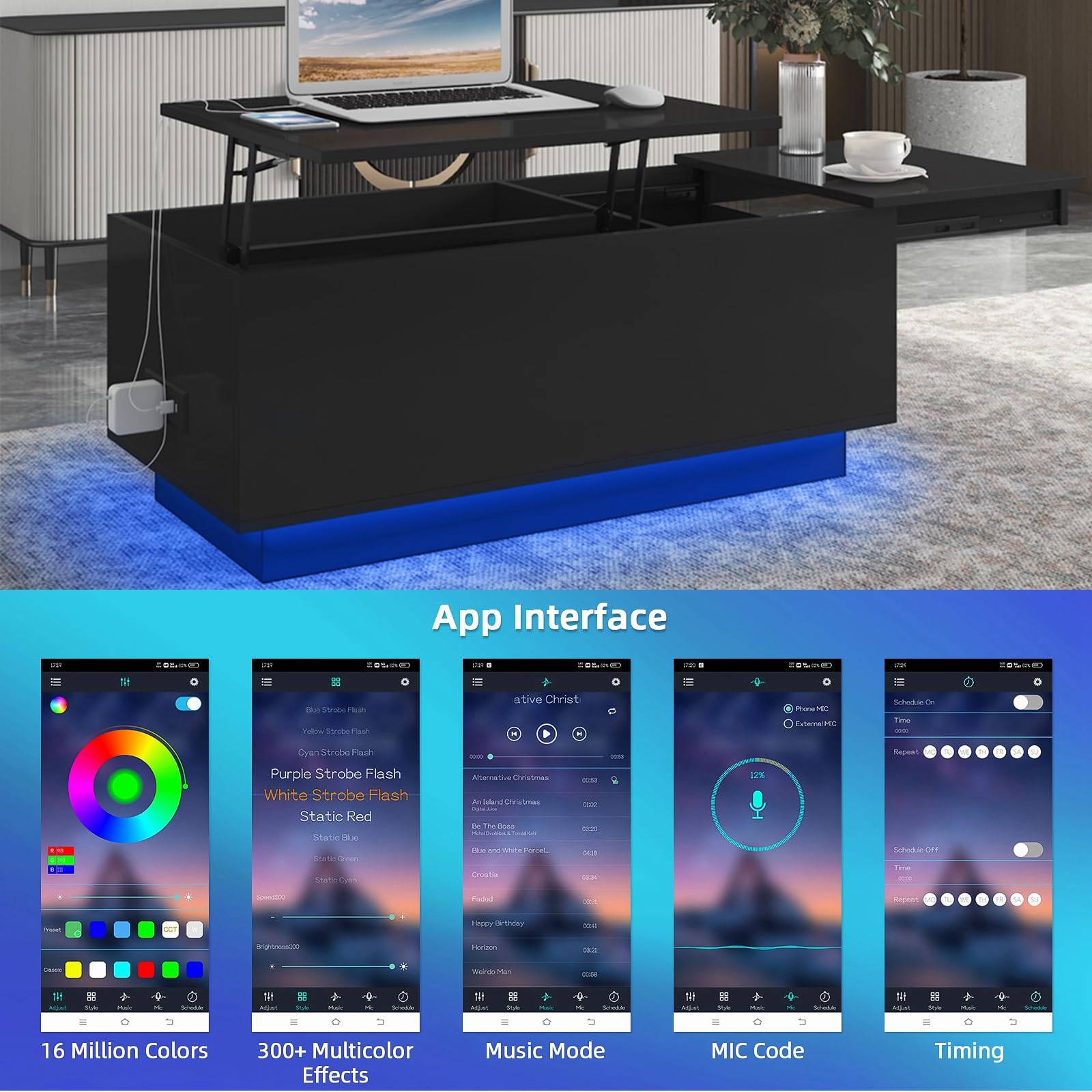 HOMMPA Lift Top LED Coffee Table, Black