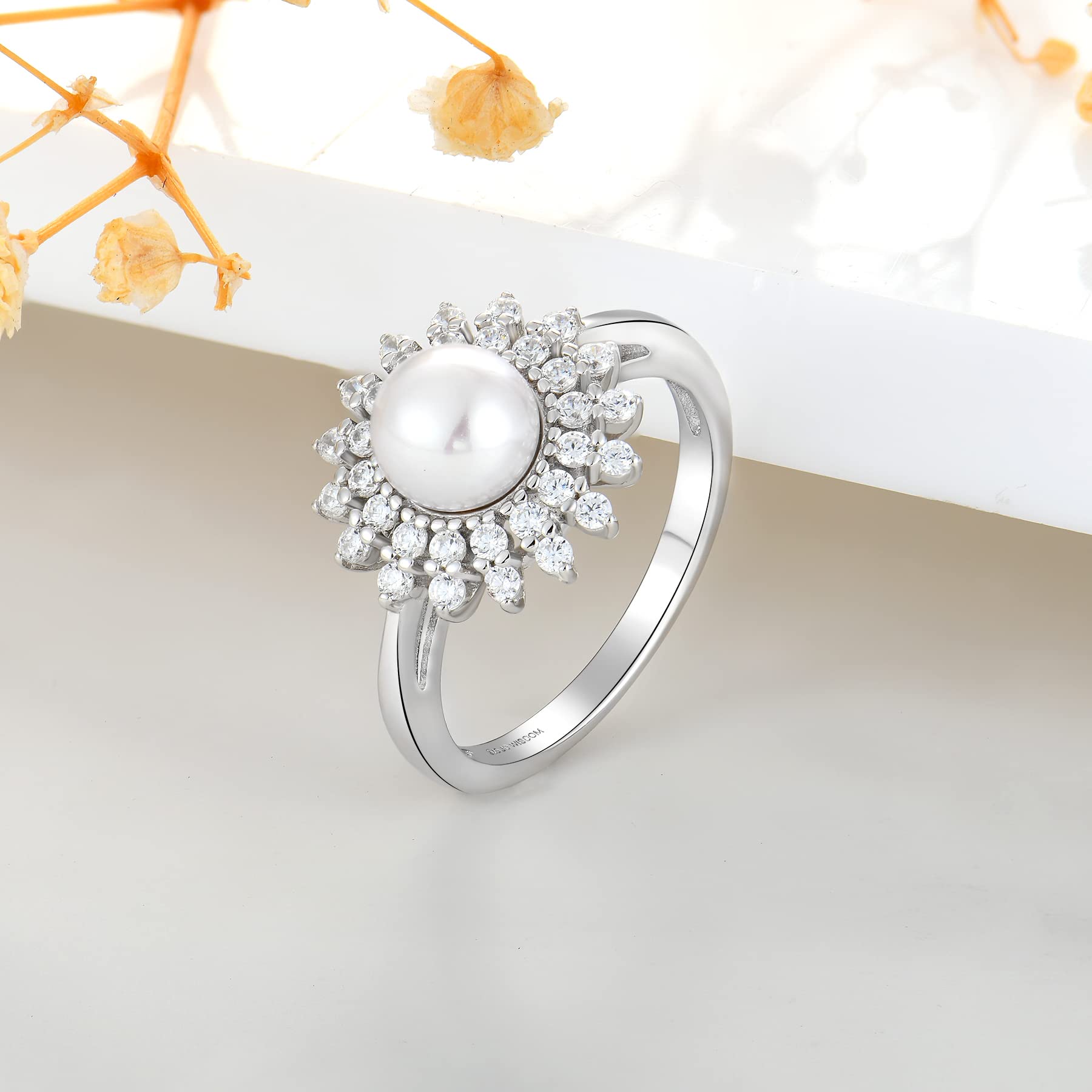 JO WISDOM Pearl Ring,925 Sterling Silver Cubic Zirconia Flower Women's Rings with 7mm White Freshwater Cultured Pearl Ring size 7