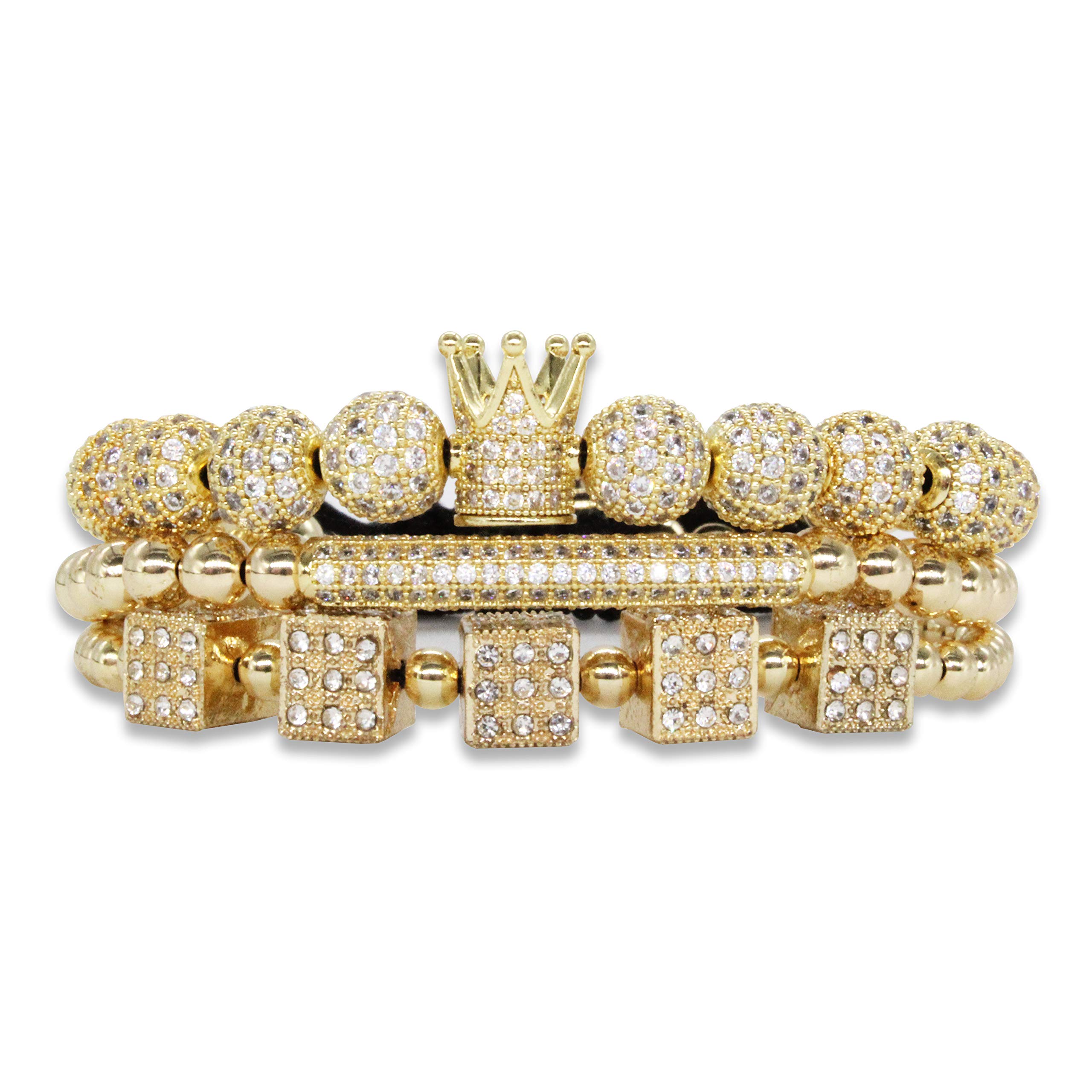 Imperial Crown King 18K Gold CZ Beads Bracelet Luxury Charm Fashion Bangle for Men Women