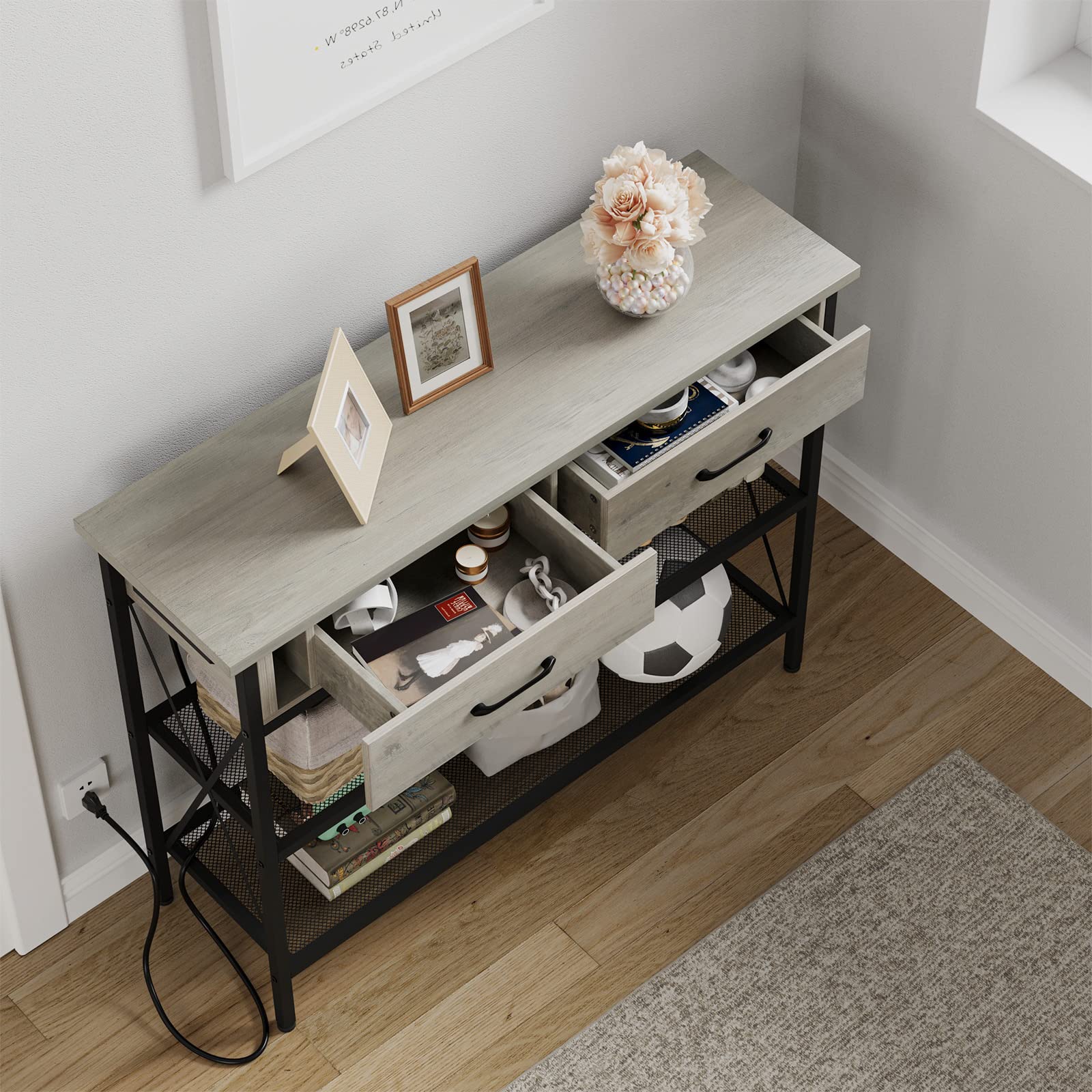 IDEALHOUSE Console Table with Storage, 39.3'' Entryway Table with 2 Drawers, Grey Behind Sofa Table, Console Table with Outlet for Living Room, Couch, Hallway, Foyer, Entryway, Kitchen-3 Tier