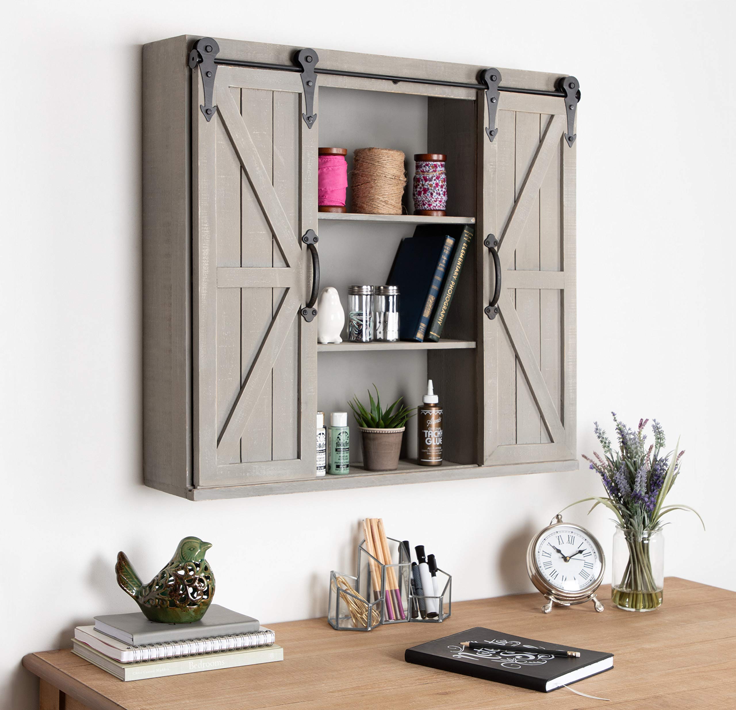 Kate and Laurel Cates Decorative Wood Wall Storage Cabinet with Two Sliding Barn Doors, Rustic Gray