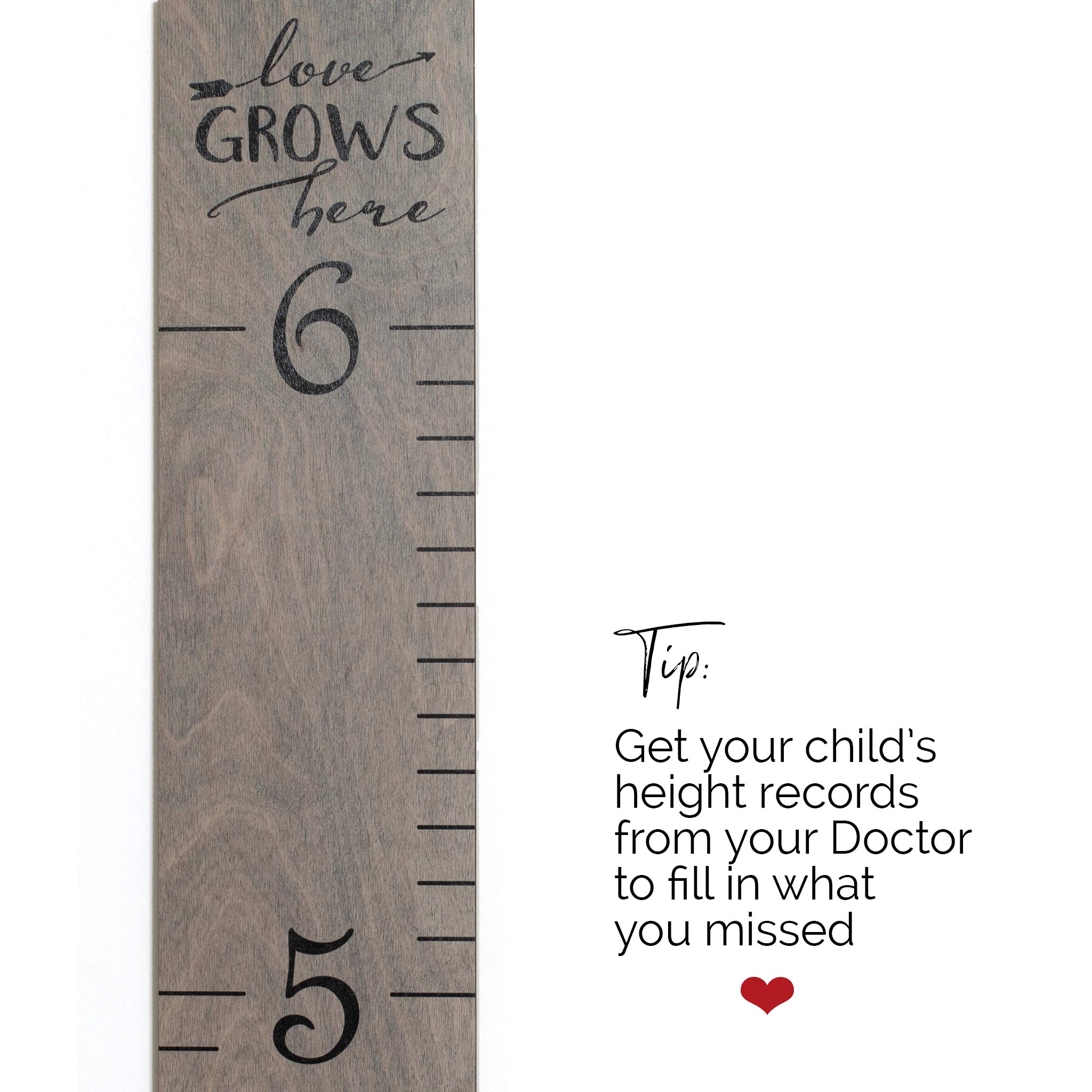 Headwaters Studio Height Ruler for Wall - Child Height Wall Chart, Height Chart for Kids Growth Chart for Wall Growth Chart Wood, Wooden Growth Chart for Wall - Love Grows Here Skinny Gray - 63"x5.75"