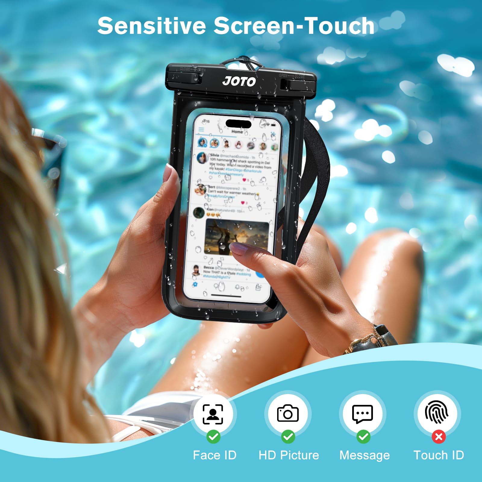 JOTO IPX8 Waterproof Phone Pouch Case, Underwater Dry Bag for Phone Protector for iPhone 15 14 13 12 11 Pro Max, Galaxy S24 S23 S22 Ultra Pixel to 7" Cruise Vacation Essential -2 Pack, Black