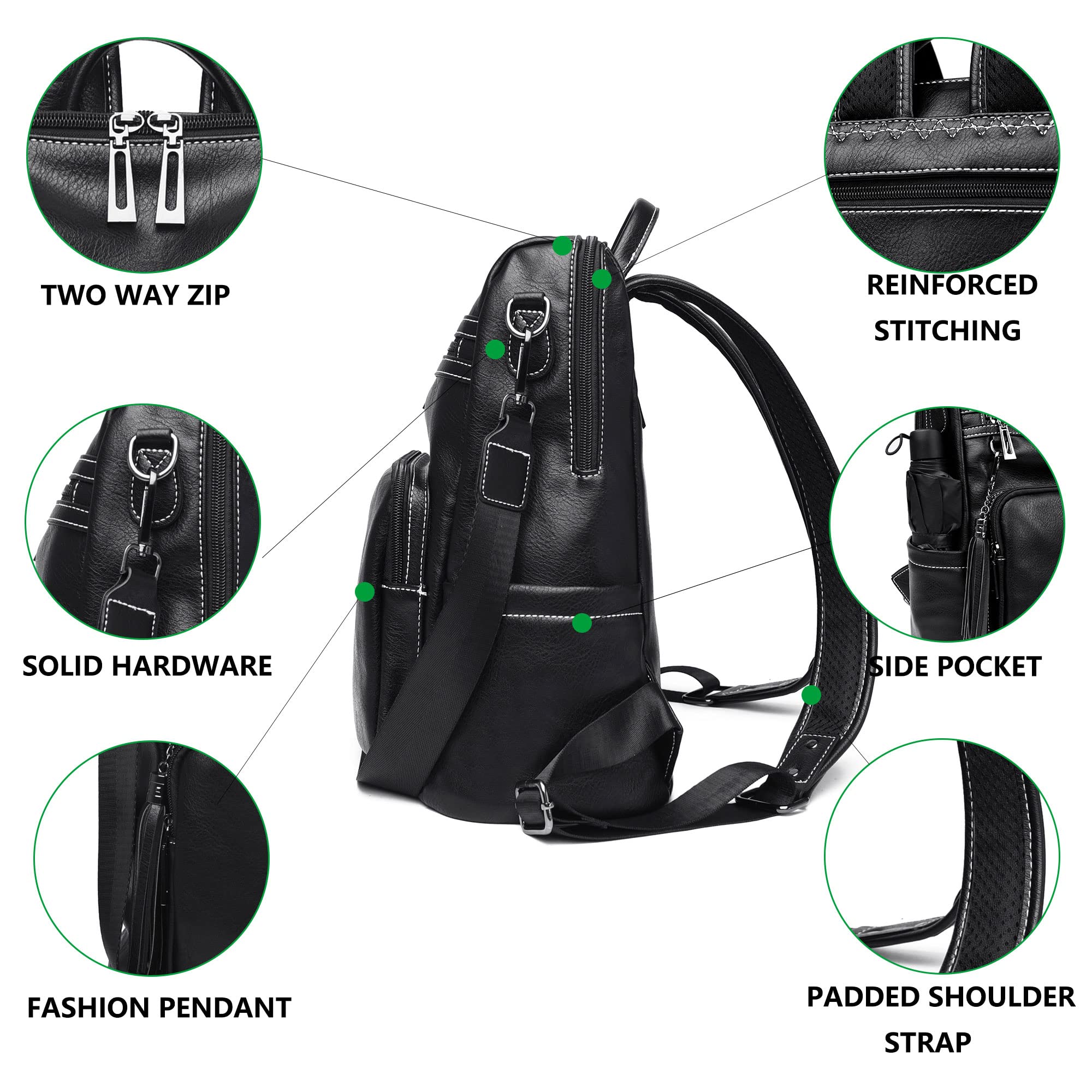 Mistour Backpack Purse for Women Leather Convertible Fashion Travel Womens Purse Backpack with Padded Shoulder Strap (Black)