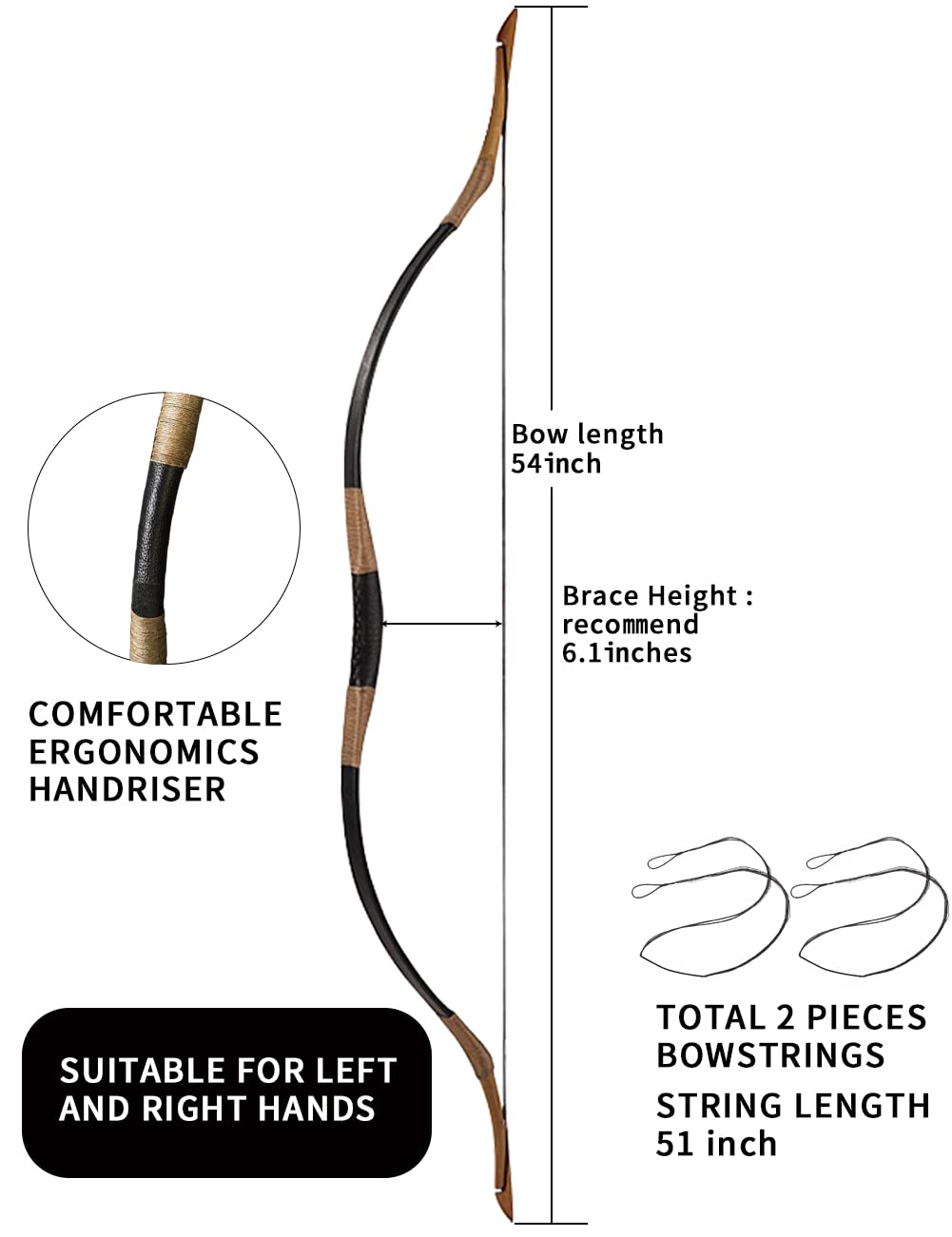 longbowmaker Archery Traditional Recurve Bow Set for Adult Hunting Bow and Arrow Set for Beginner with 5pcs Carbon Arrows for Practice-40lbs