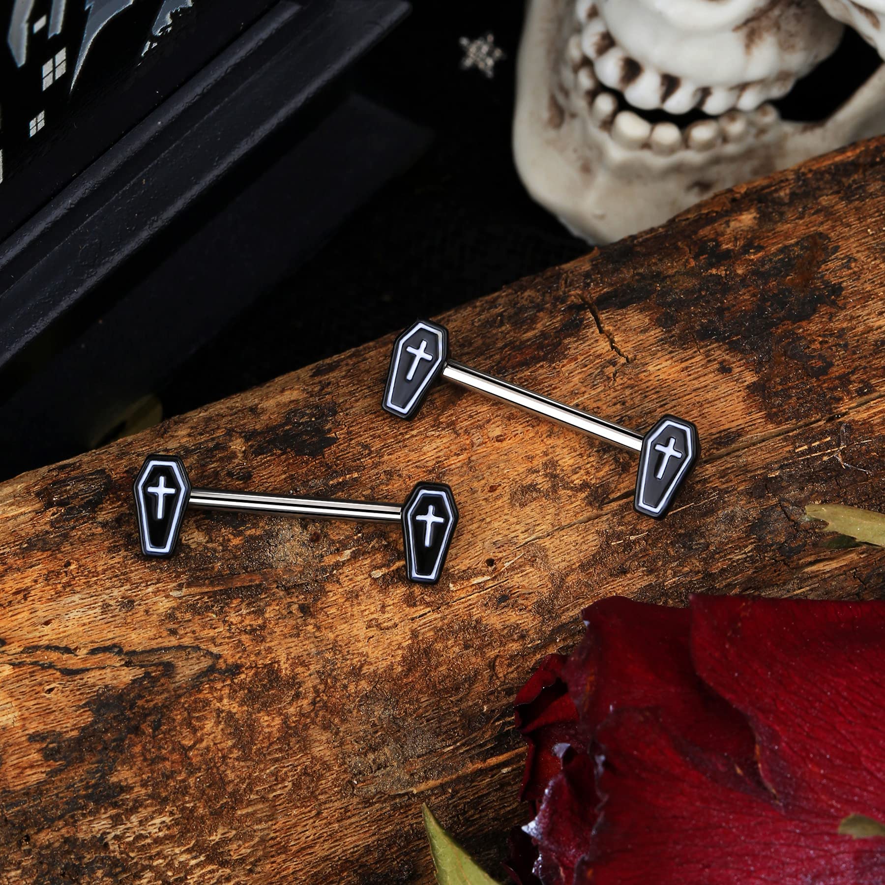 Jewseen Unique Coffin Nipple Barbell 14g Epoxy Design Nipple Ring Body Piercing Jewelry for Halloween Day