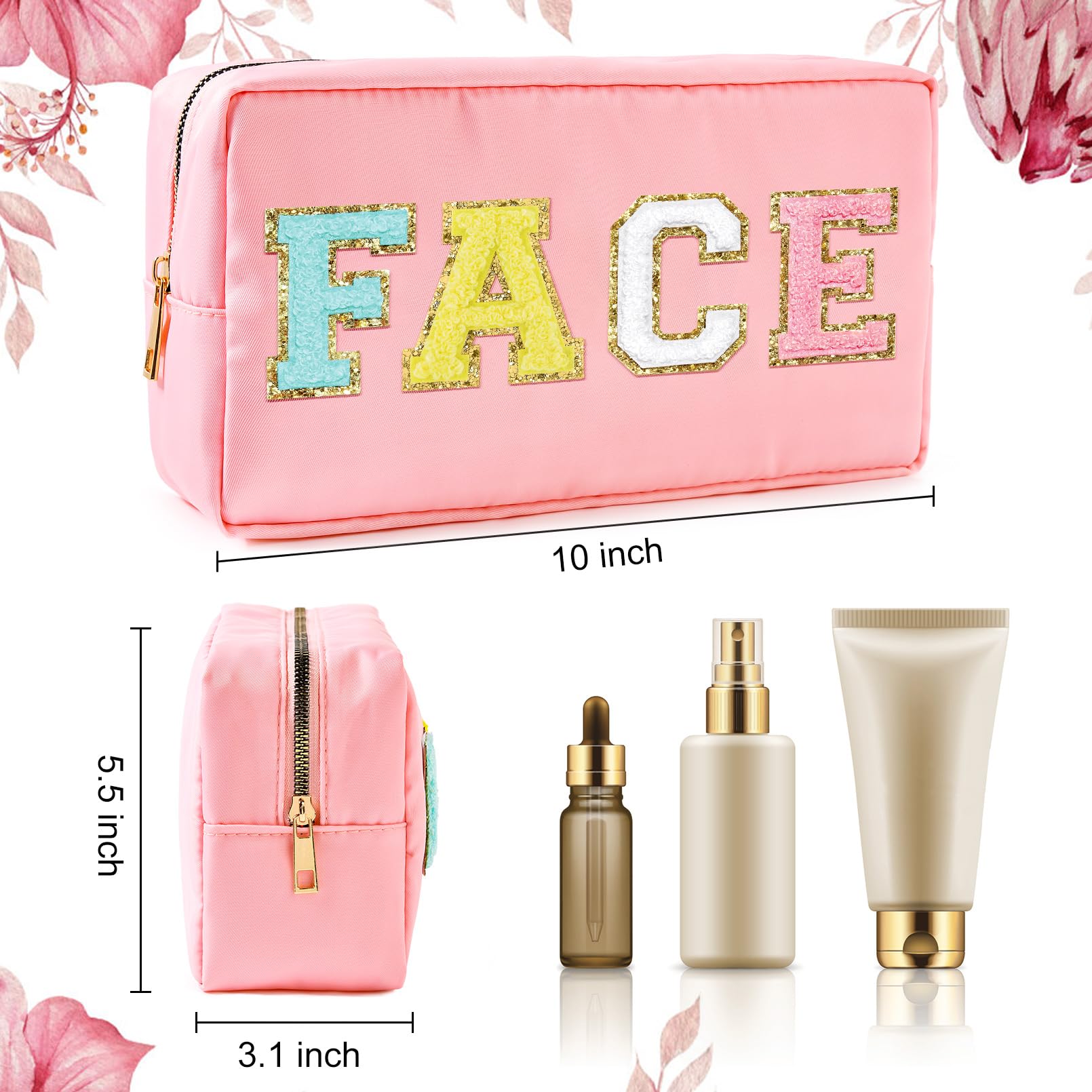 Nylon Preppy Makeup Bag Stuff Cosmetic Bag Pink Makeup Pouch with Chenille Varsity Letter Patch Travel Toiletry Bag Organizer Cute Makeup Brushes Storage Bag for Women