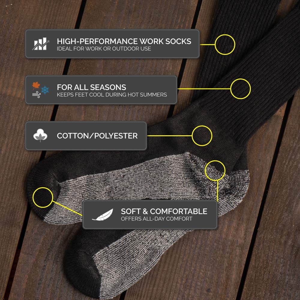 HOT FEET Men's Socks, Cotton Crew Socks for Men, Cushioned Boot Socks for Men, Work Socks for Men, Moisture Wicking Socks Men - Size 10-13, 10 Pairs, Black