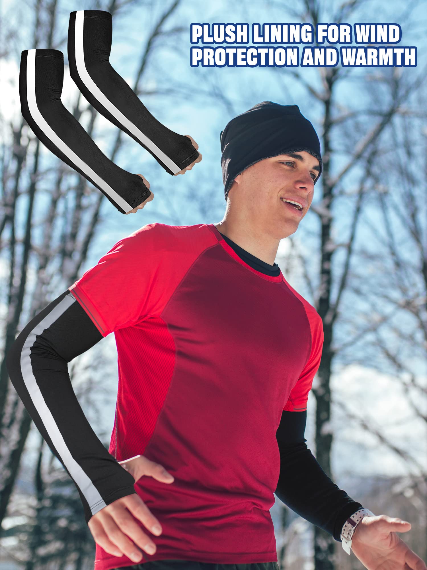 Newcotte 6 Pairs Winter Arm Warmer Thermal Cycling Strap Compression Arm Cover with Thumb Holes for Man (Multicolor, Medium)