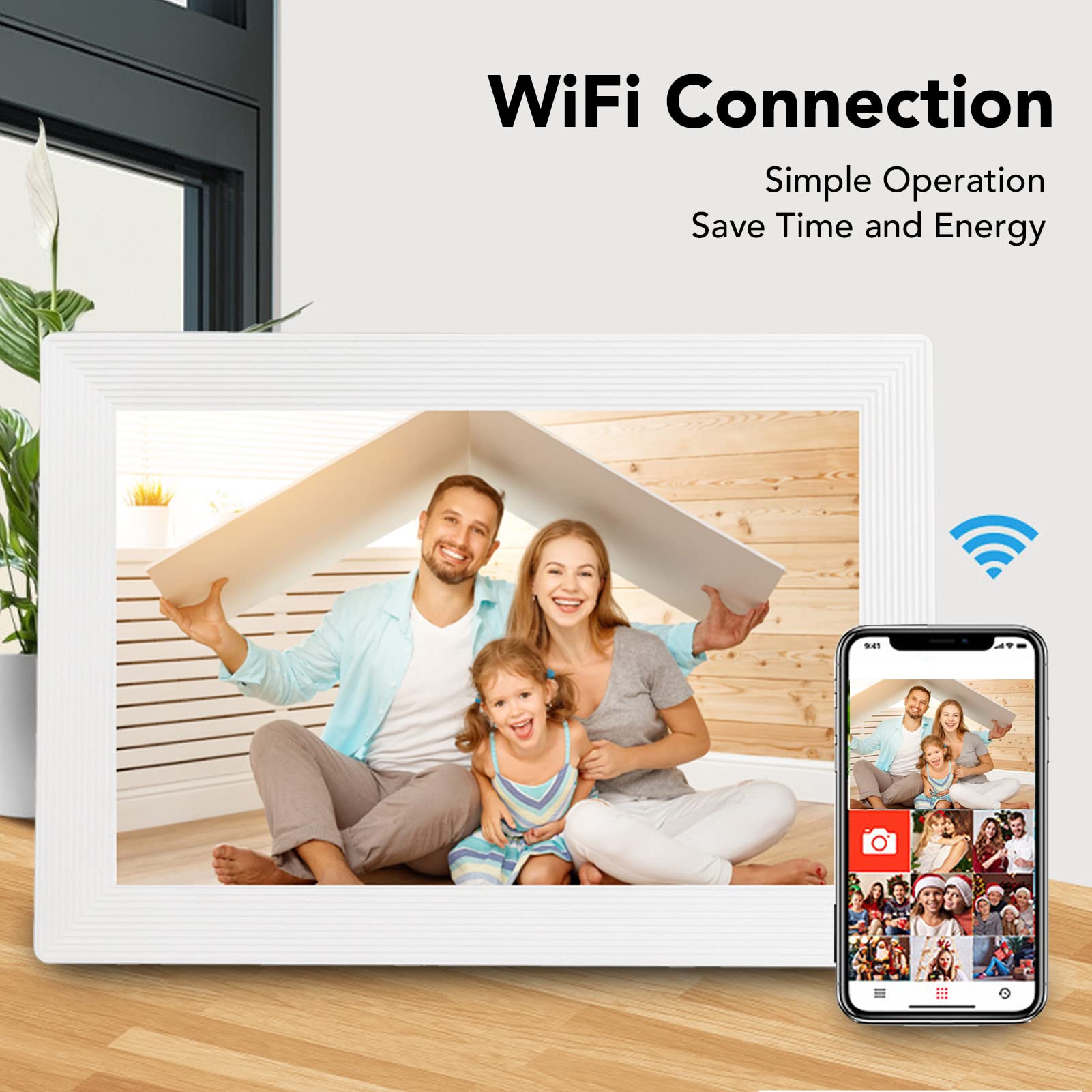 Smart Picture Frame, Removable Rack RAM 1G ROM 16G WiFi Connection 10.1 Inch High Resolution Frame for Living Room (US Plug)