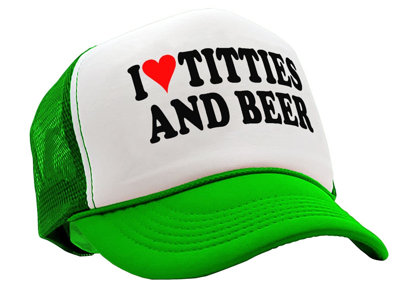 I Heart Titties and Beer - Love Funny Gag - Vintage Retro Style Trucker Cap Hat (Neon Green)