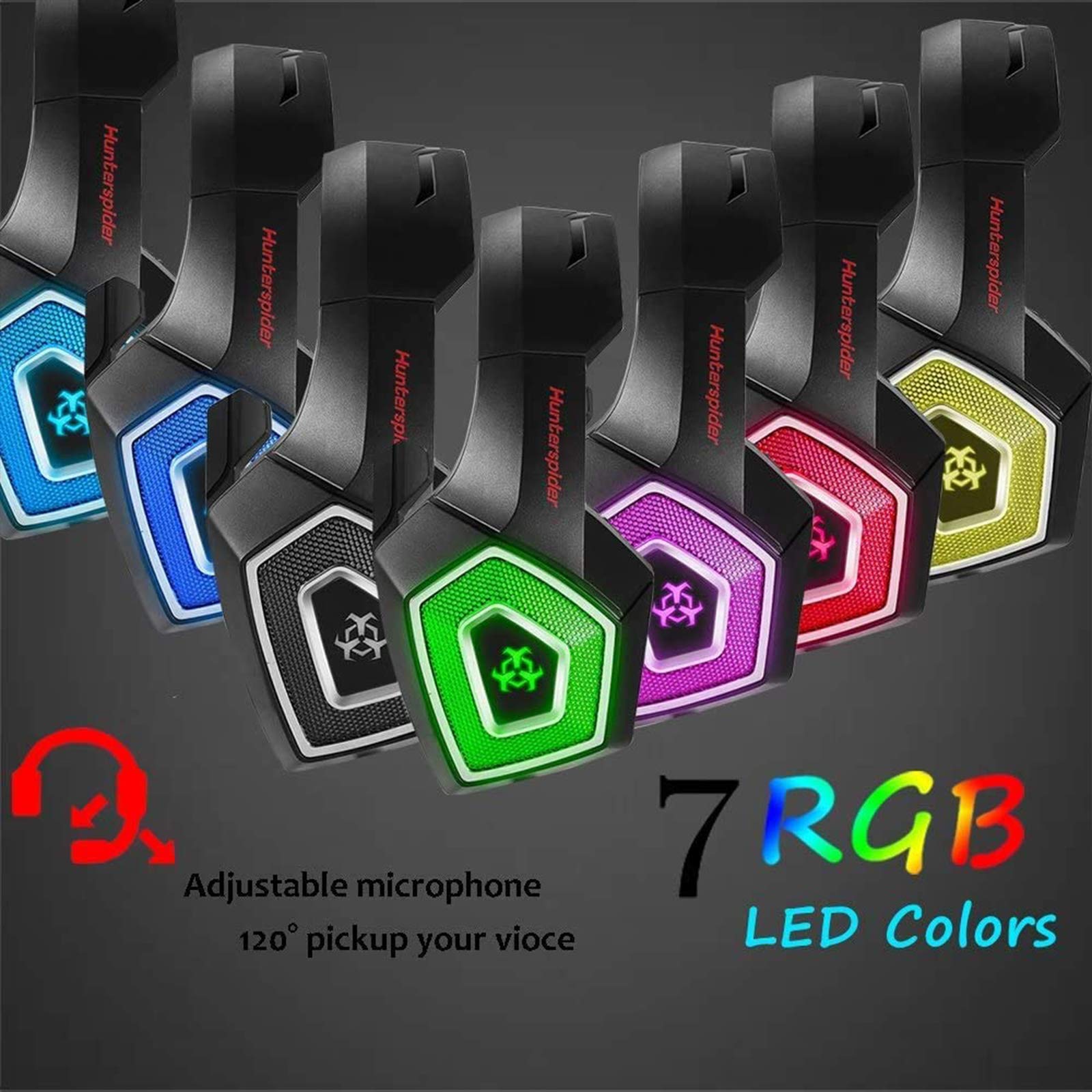 Hunterspider PS4 Gaming Headset, Gaming Headphones with Microphone, Noise Cancelling Stereo 7.1 Surround Sound Headset with Mic for Xbox PC, Unique 7 RGB Light.