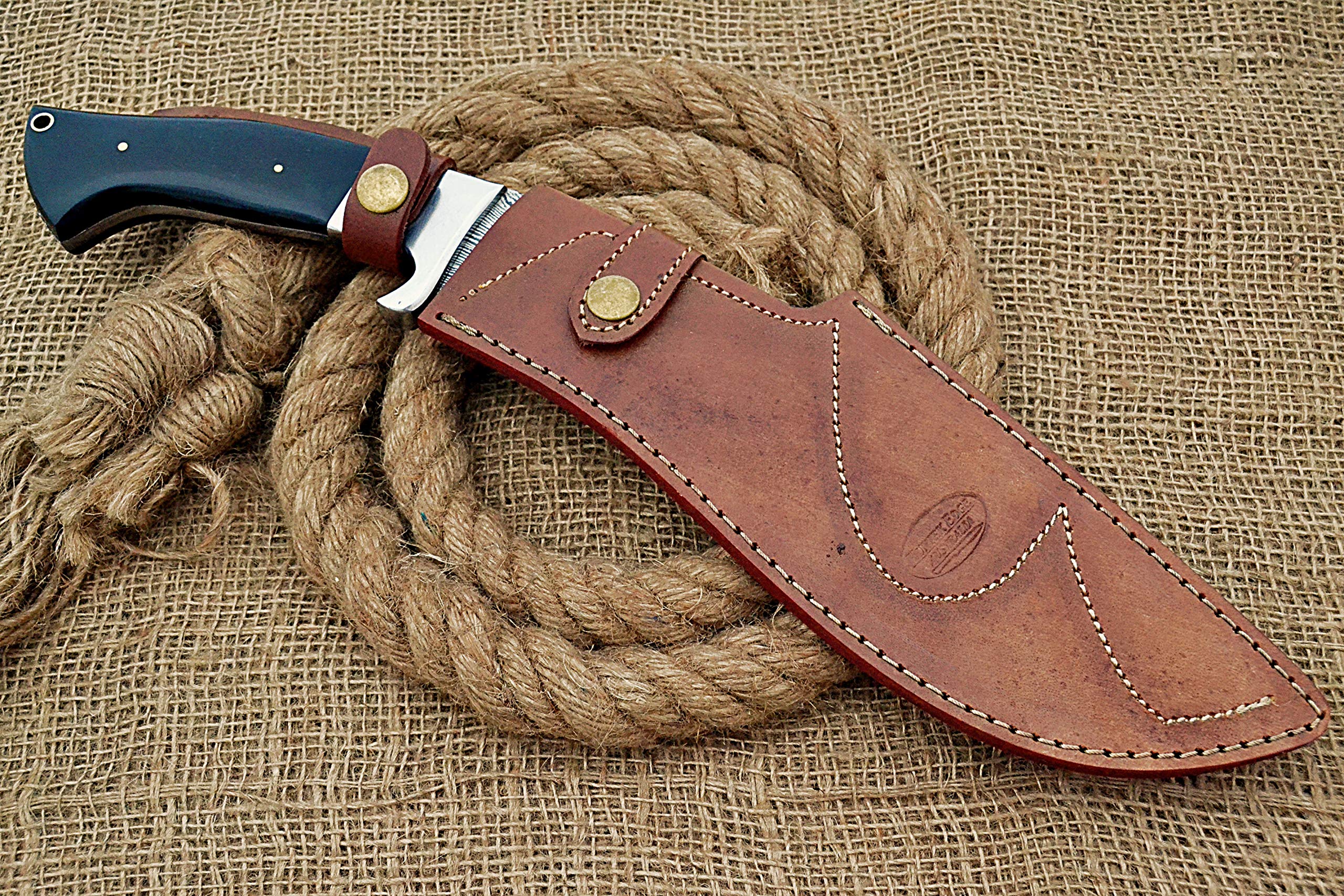 HUNTEX Handmade Hand-Forged Twist Pattern Damascus Steel 15 Inch Long Full Tang Natural Buffalo Horn Handle Razor Sharp Hunting Camping Kukri Knife w/Genuine Leather Sheath
