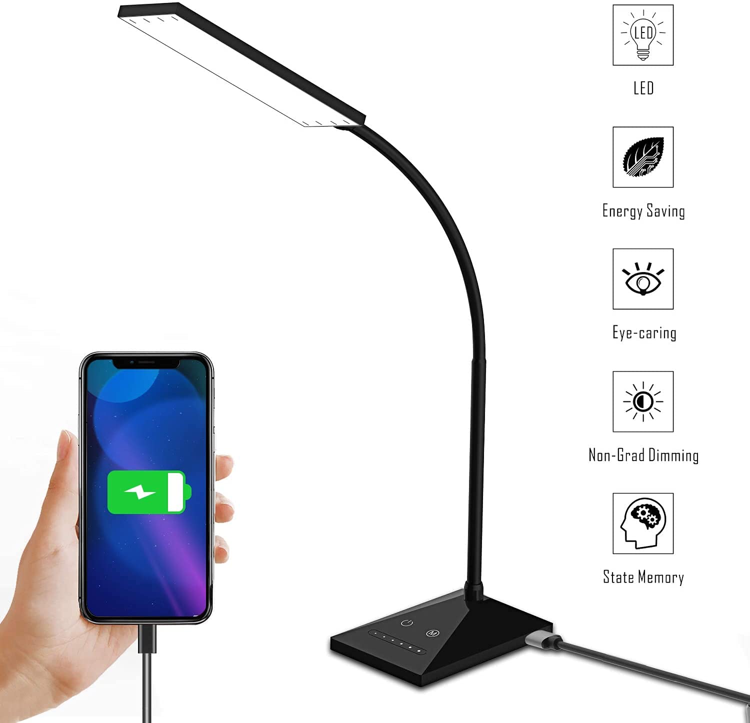 K&ZZ LED Desk Lamp, Dimmable Eye-Care Light for Office Study Lamp with USB Charging Port Touch Control Sensitive, 400LM 7-Level Dimmer & 5 Color Modes, Flexible Gooseneck Reading Light, Black