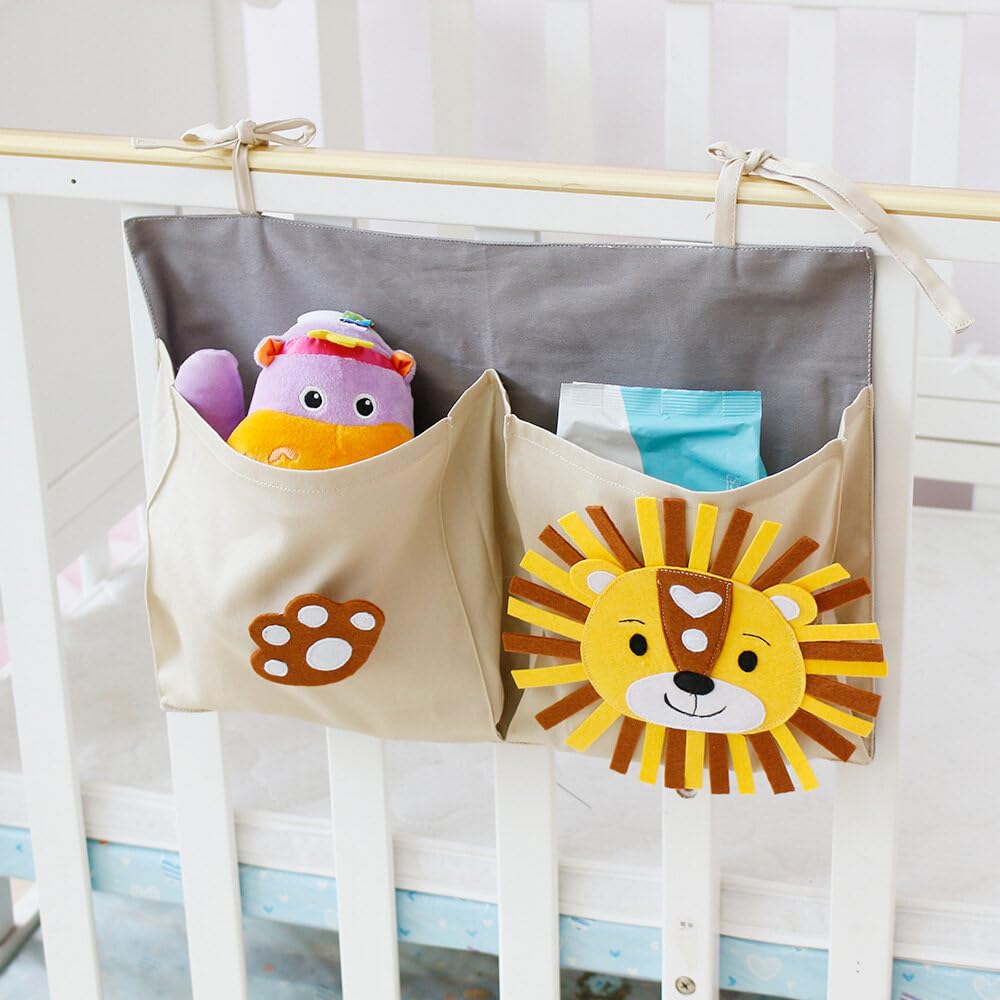 KOFABID 2 PCS Baby Hanging Diapers Toys Caddy Organizer for Crib, Baby Bedside Storage Bag 2 Pockets for Changing Table (Beige)