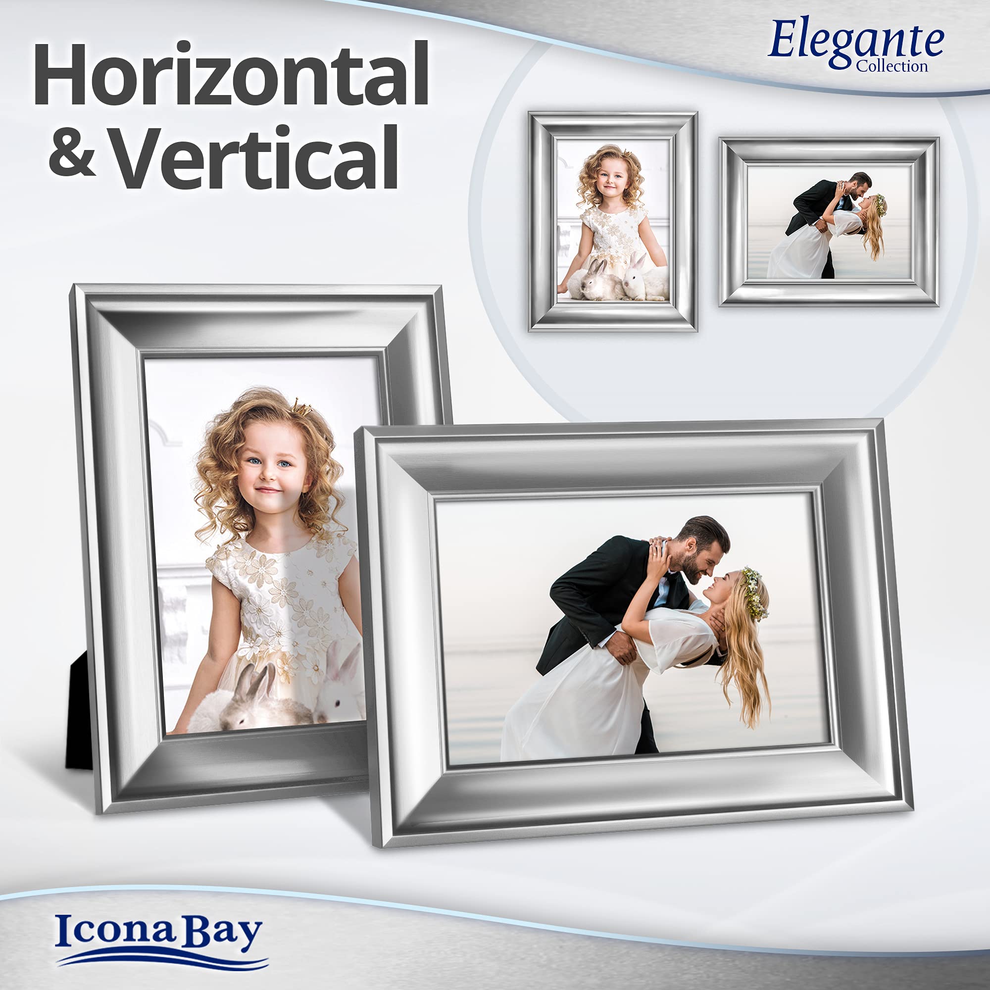 Icona Bay 5x7 Silver Picture Frame, Contemporary Photo Frame 5 x 7, Wall Mount or Table Top, Elegante Collection