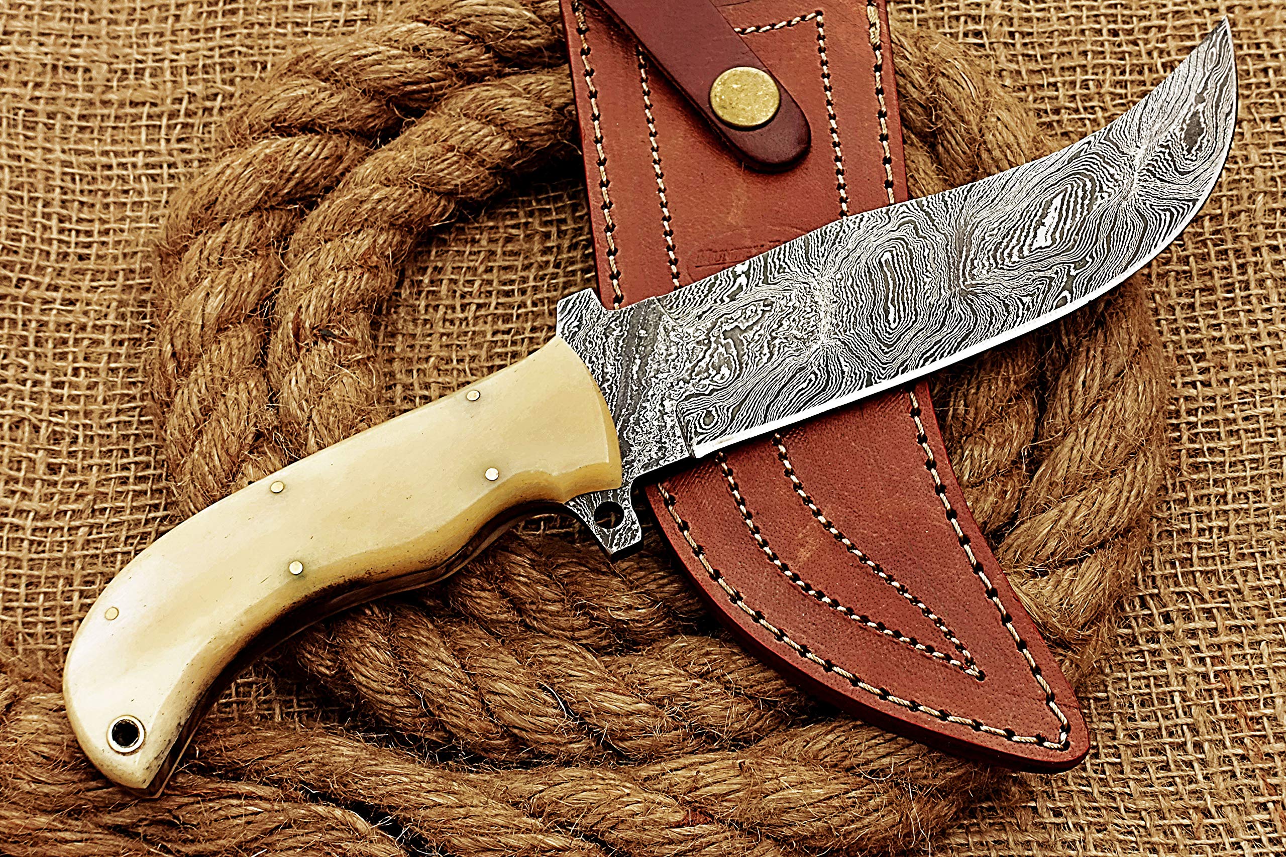 HUNTEX Handmade Hand-Forged Twist Pattern Damascus Steel 11 Inch Long Full Tang Camel Bone Handle Razor Sharp Hunting Camping Trail Knife w/Genuine Leather Sheath