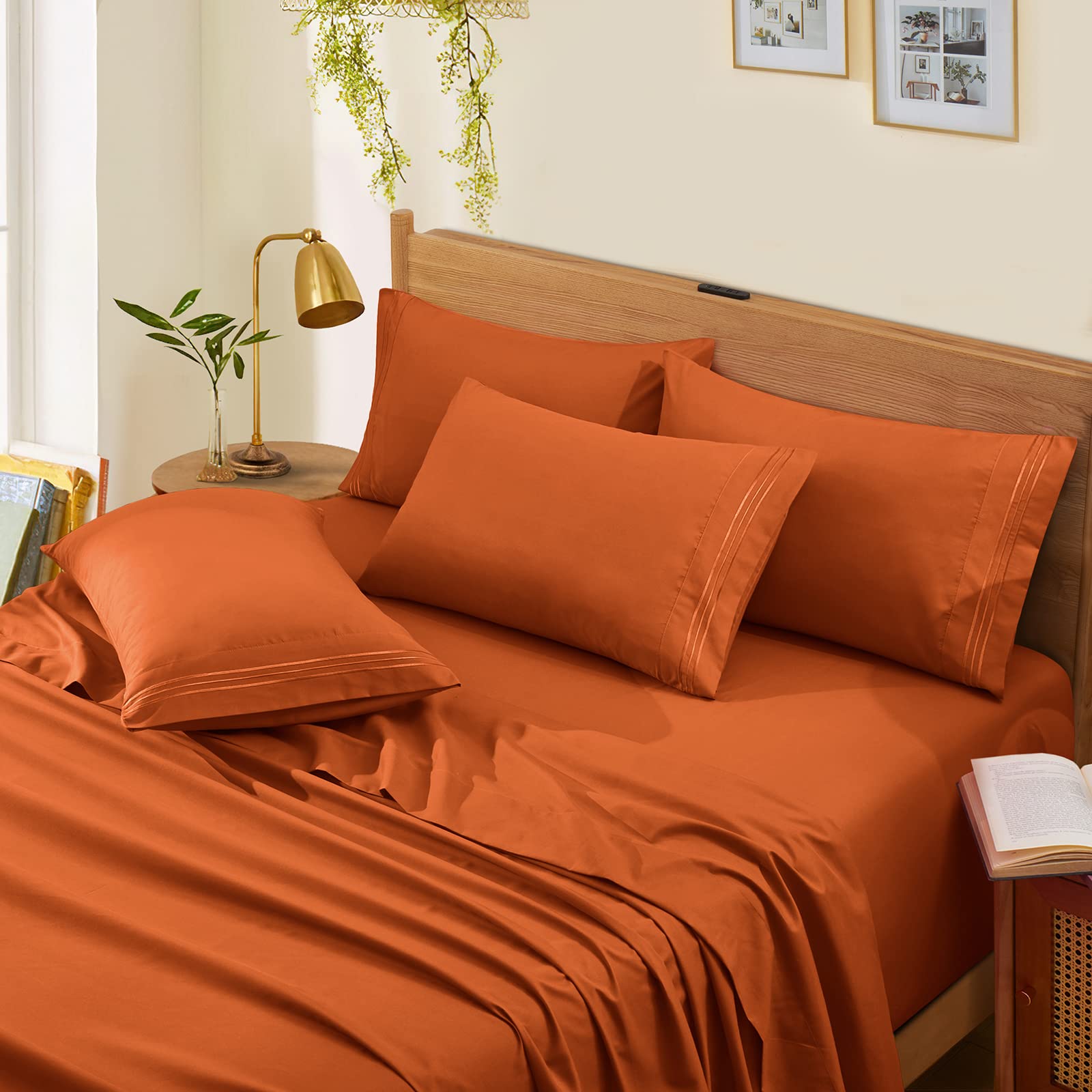 Horbaunal Extra Deep Pocket Full Sheets - Fits Mattress 18-24 Inches Deep - 6 Pieces Hotel Luxury 1800 Thread Count Microfiber Sheet Set - Ultra Soft Burnt Orange Full Size Bed Sheets