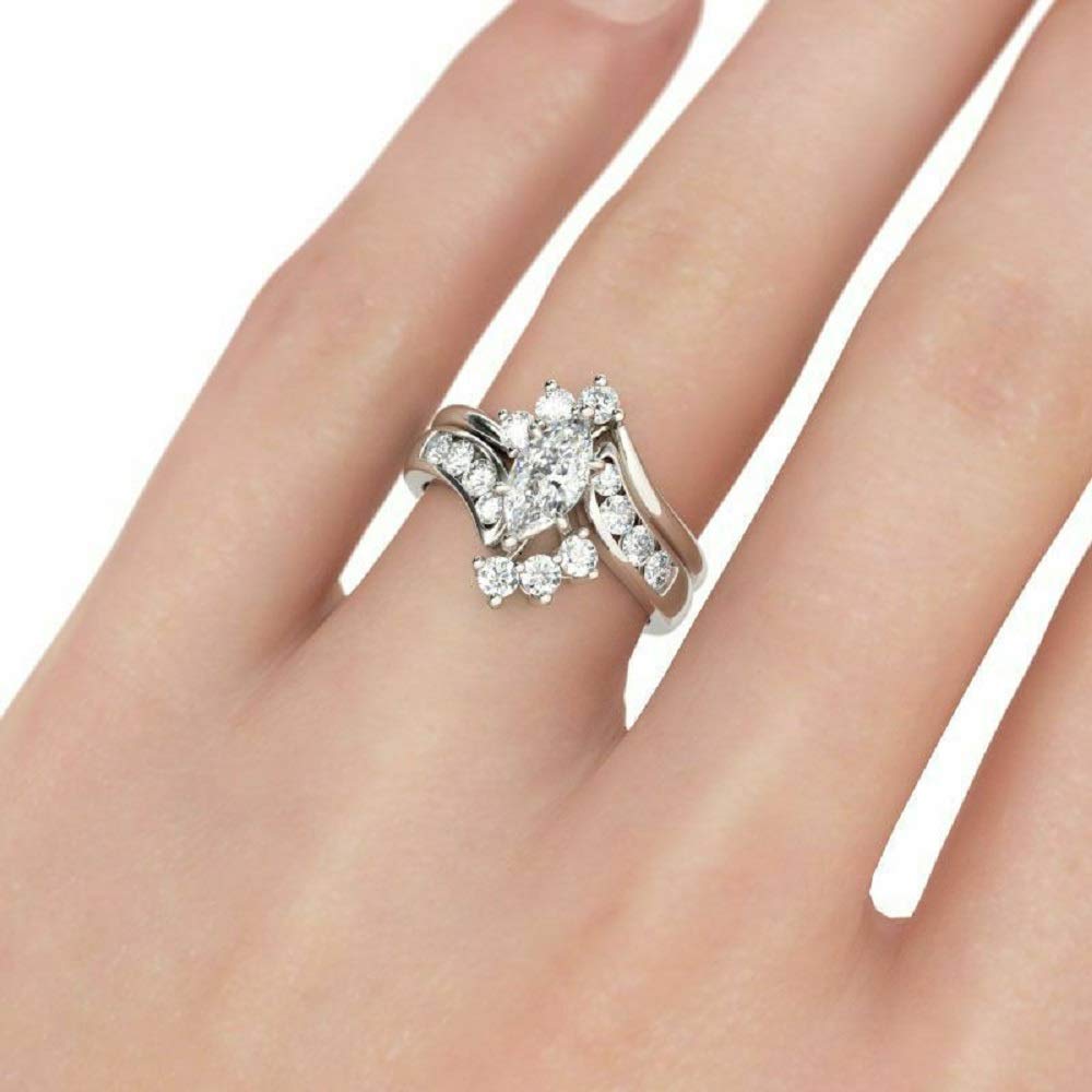 IRA 1.00 Ct Marquise Cut D/VVS1 Diamond Engagement Cluster Wedding Bridal Ring Set For Womens 14K White Gold Plated 925 Sterling Silver (10.5)
