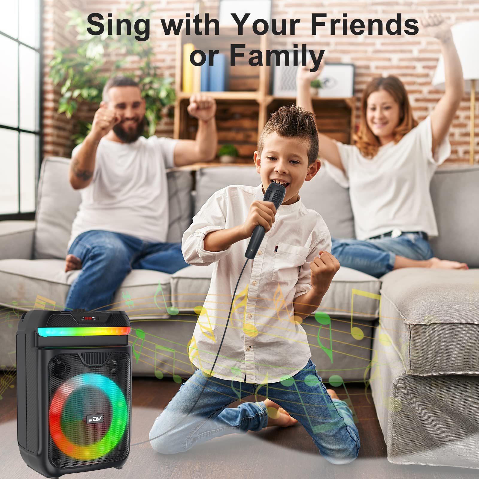 Karaoke Machine with Wireless Microphone, VeGue Portable Bluetooth Speaker with Colorful LED Light, REC, Remote Control, FM Radio, Supports AUX/USB/TF Card, Ideal for Home Karaoke, Party (VS-0803BL)