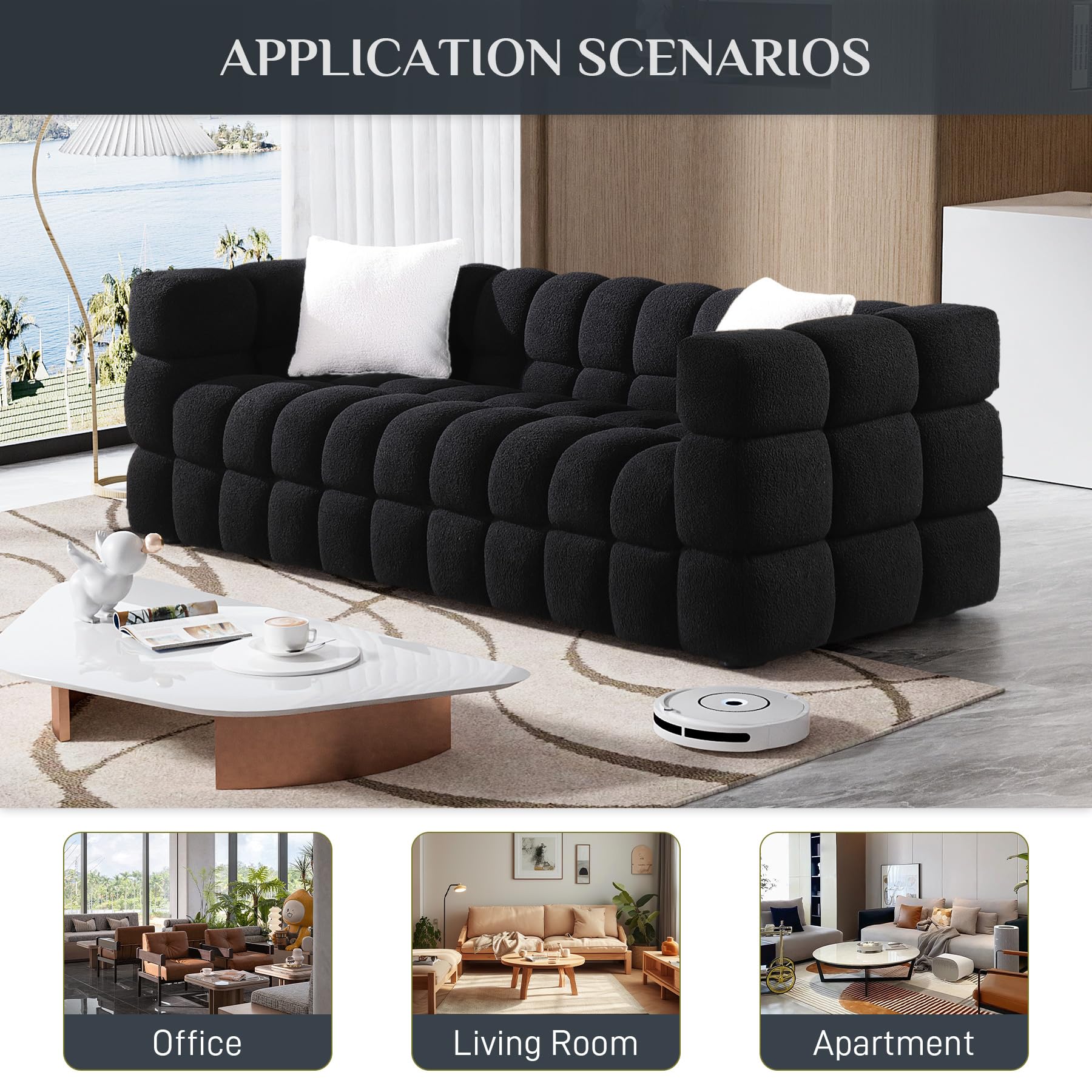 Wrofly 2 Piece Boucle Sofa Couch Set, Comfy Tufted 3 Seater and 2 Seater Love Seat Sofa for Living Room Apartment Office, Black
